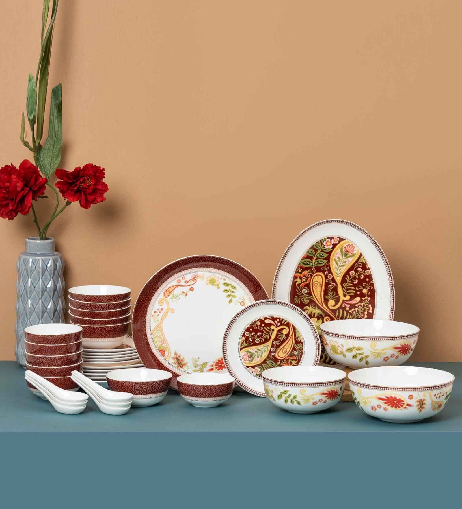 Buy Clay Craft Fine Ceramic Urmi Fiesta Dinner Set (Set Of 34) (FI1803 ...