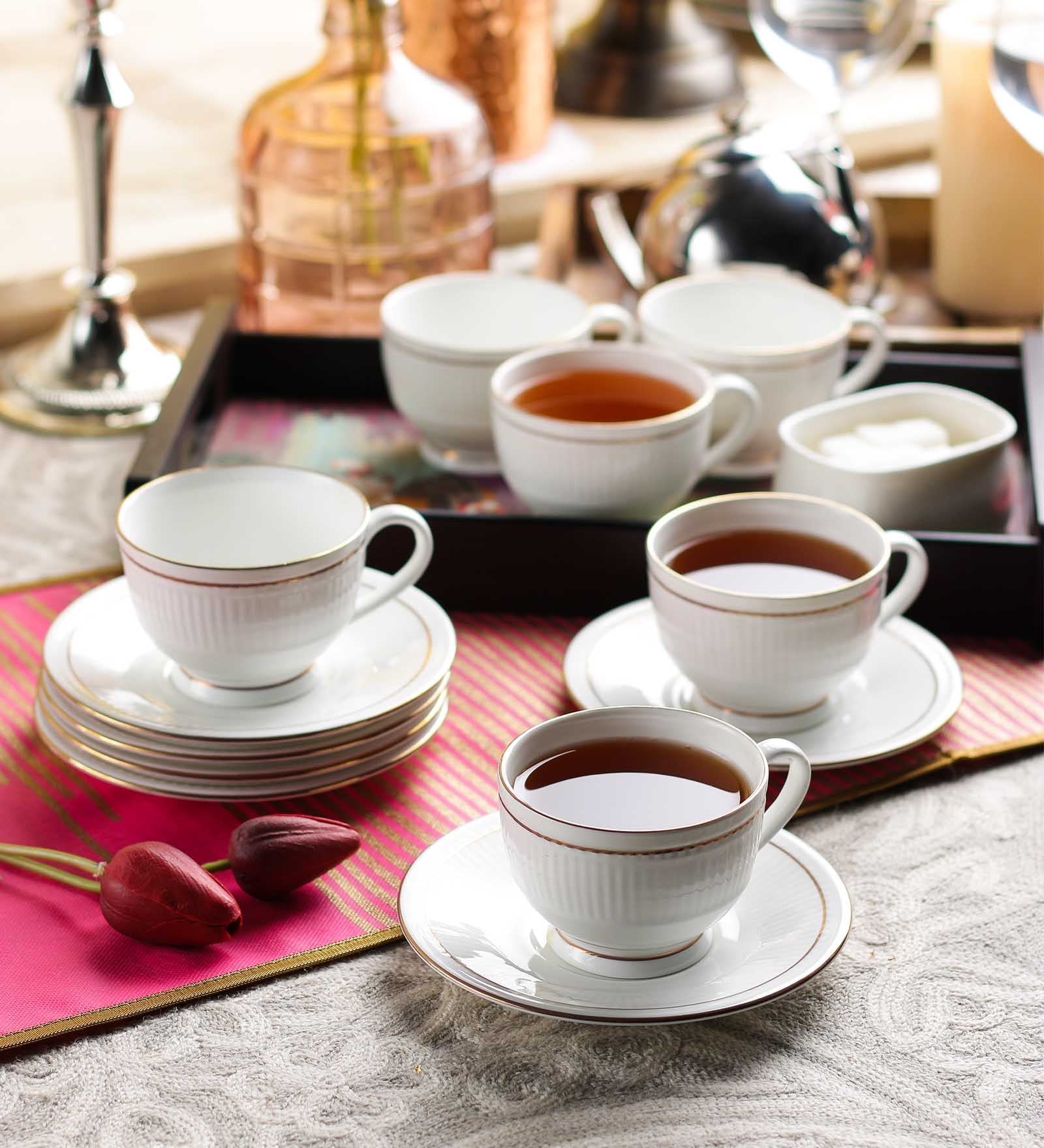 Buy Clay Craft Piyazo Gold Line Bone China 200 ML Cups & Saucers - Set ...