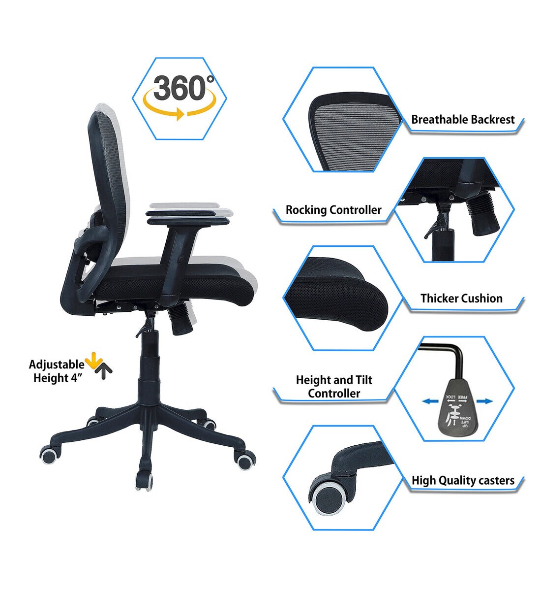 Buy Comet Breathable Mesh Ergonomic Chair in Black Colour by ...