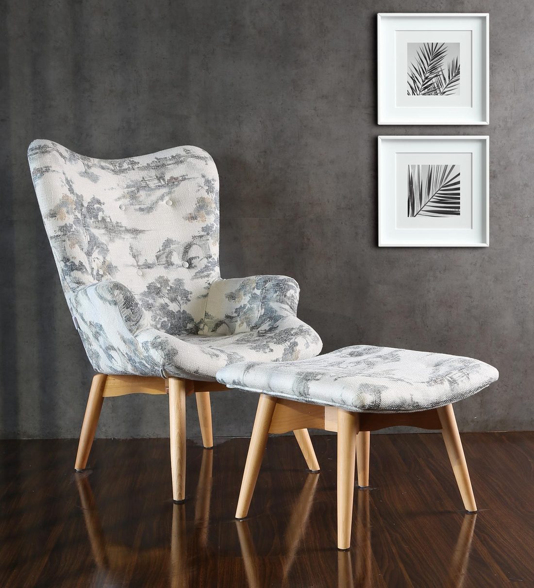Buy Contour Wing Chair With Foot Stool In White & Grey Floral Colour at ...