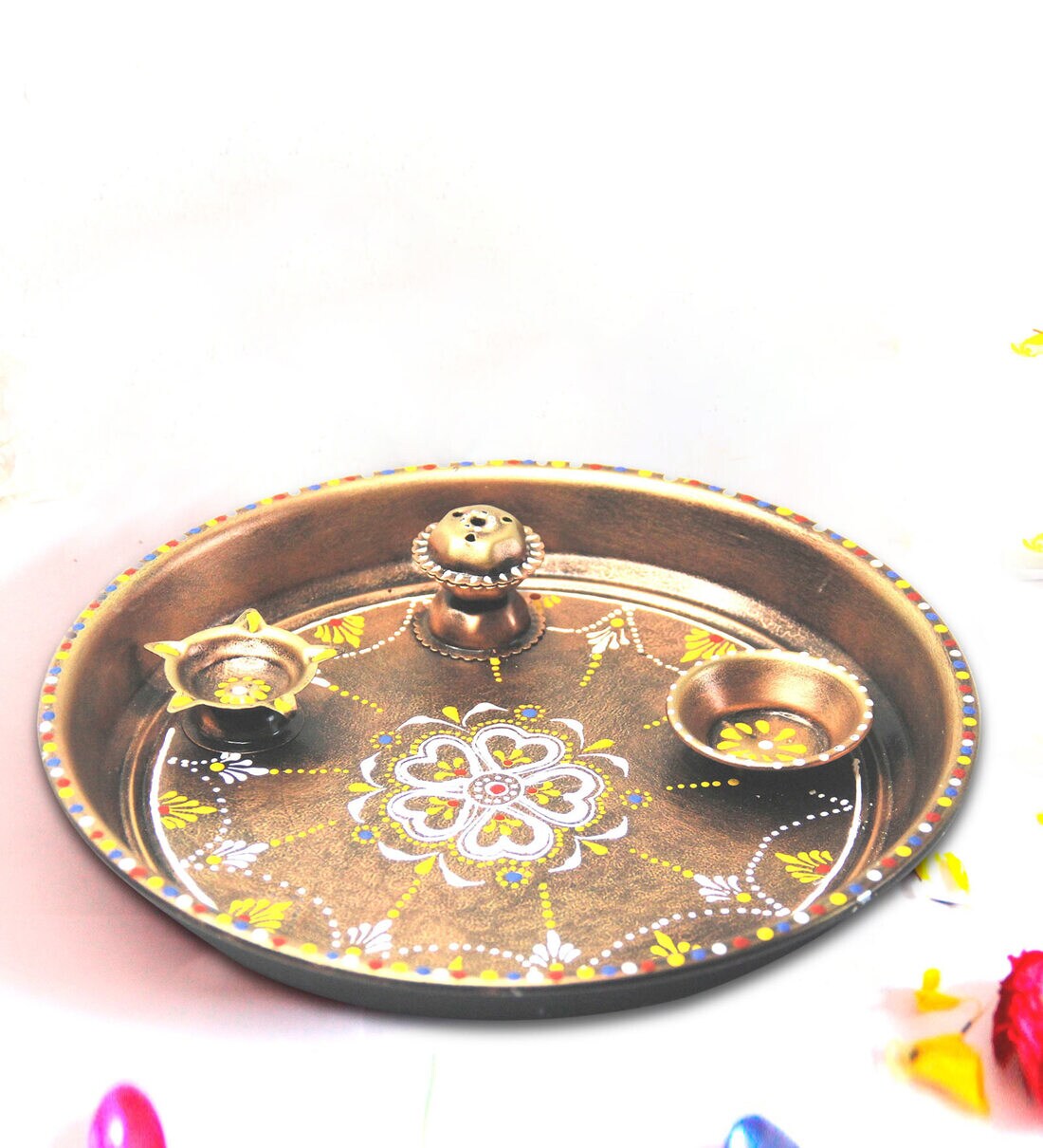 Buy Copper Metal Pooja Thali With Diya Holder at 17% OFF by Malik ...