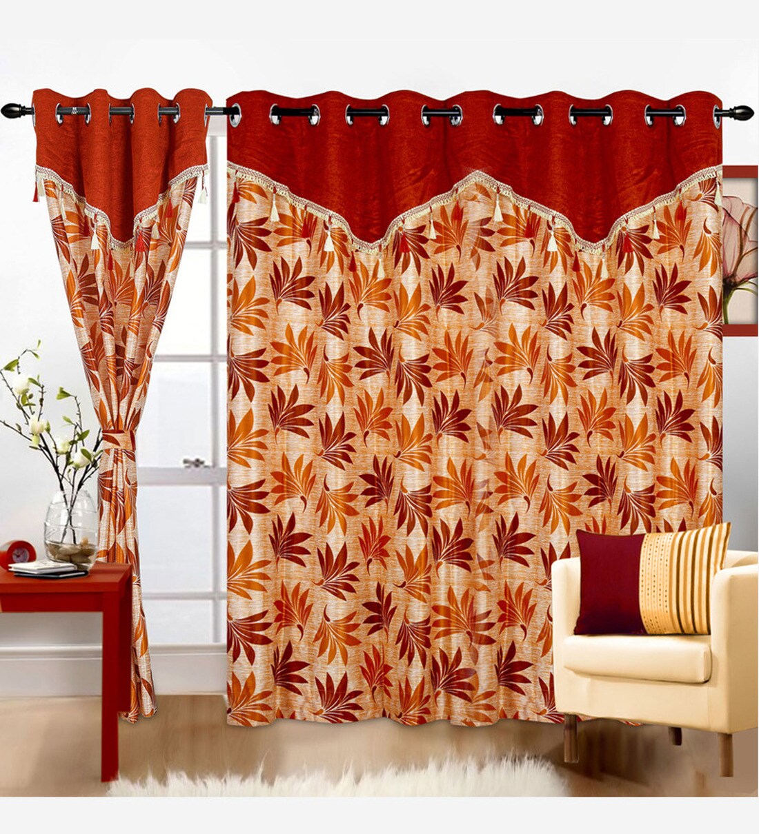 Buy Orange Floral Polyester 5 Ft Semisheer Eyelet Door Curtains (Set of ...