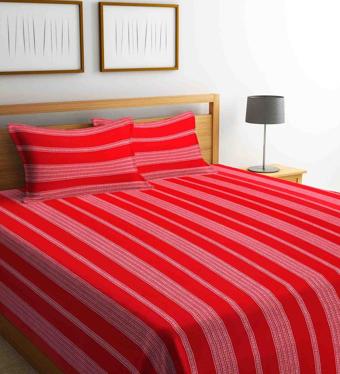 Buy Red Geometric 300 TC Cotton Double Bed Cover with 2 Pillow Covers ...