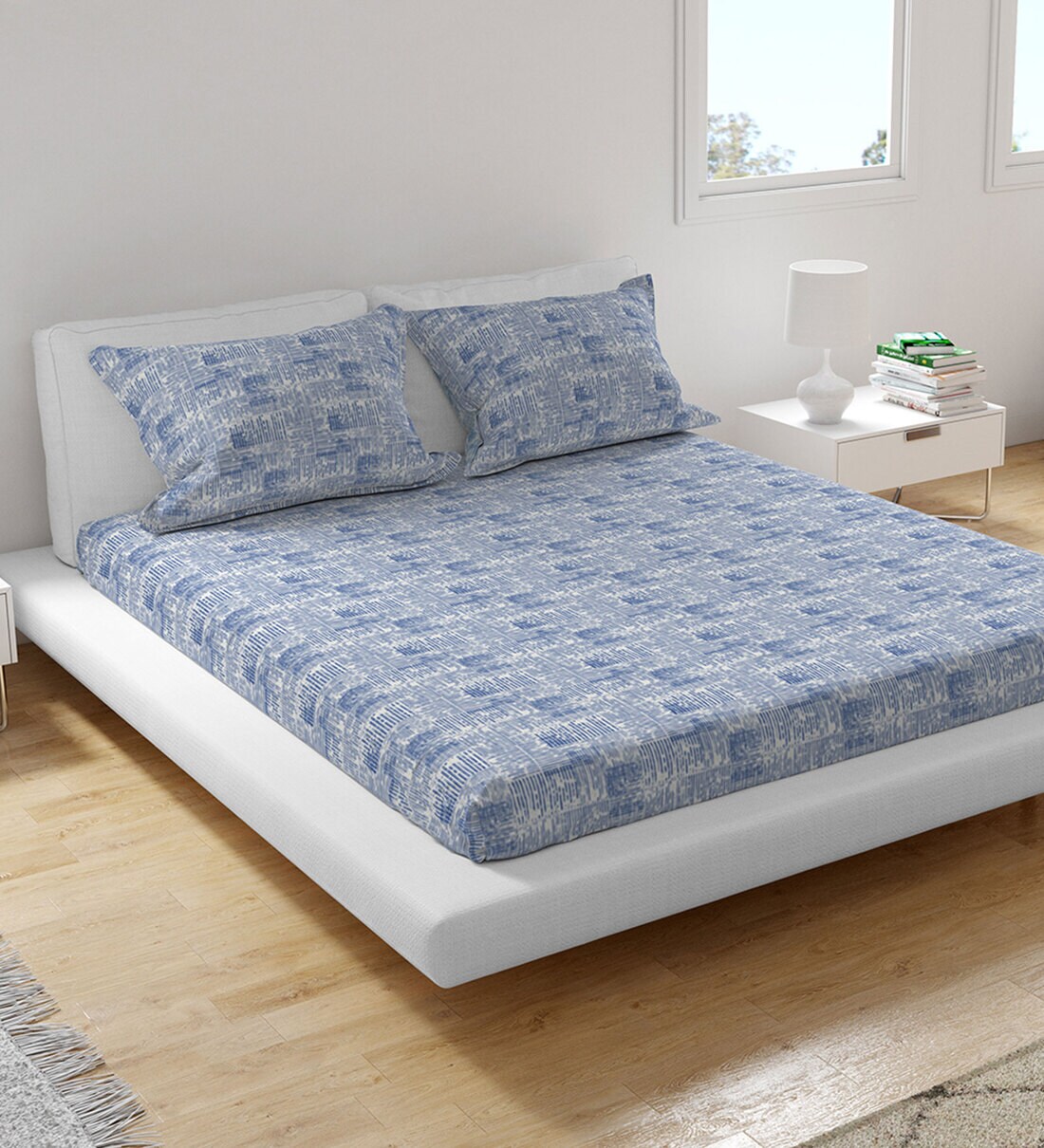 Buy Blue Abstract 200 TC Cotton 1 Double King Size Bedsheet with 2 ...
