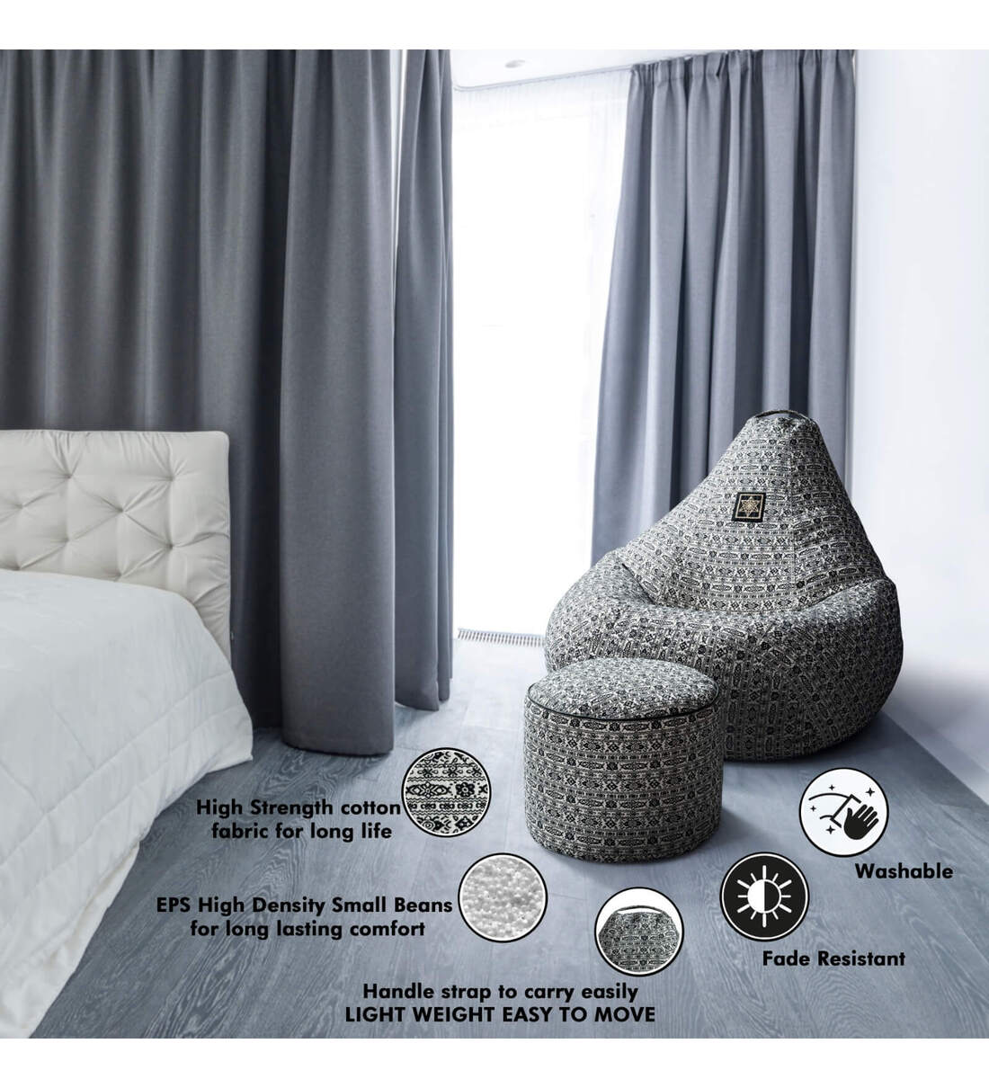 Buy XXXL Fabric Bean Bag Cover in Ivory & Black Colour with Pouffe cover Online - Bean Bag ...