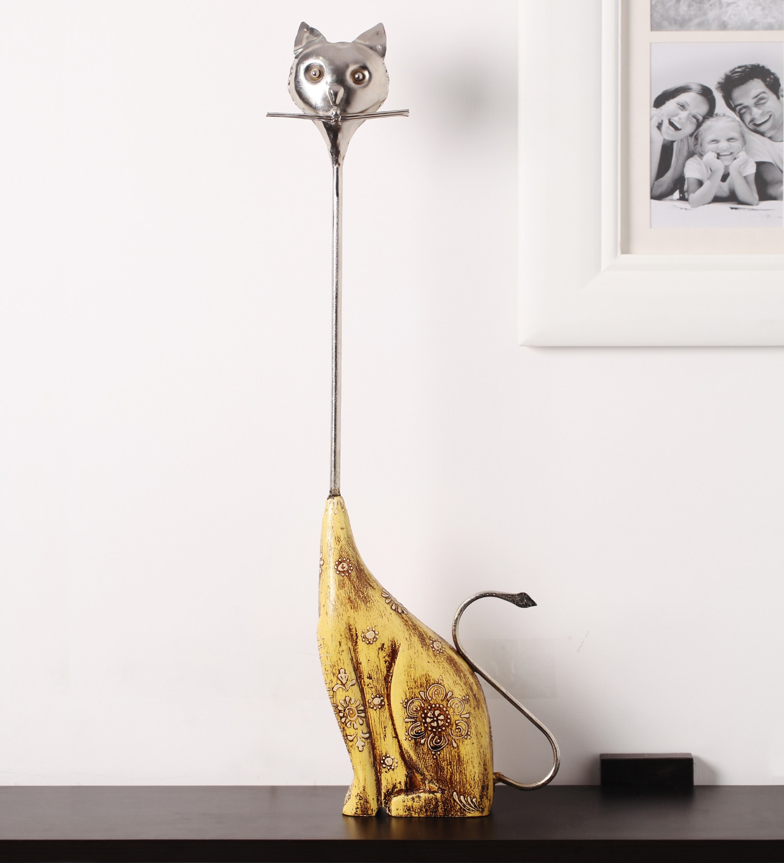 Buy Cocovey Yellow Wood & Metal Assorted Color Long Neck Cat Showpiece ...
