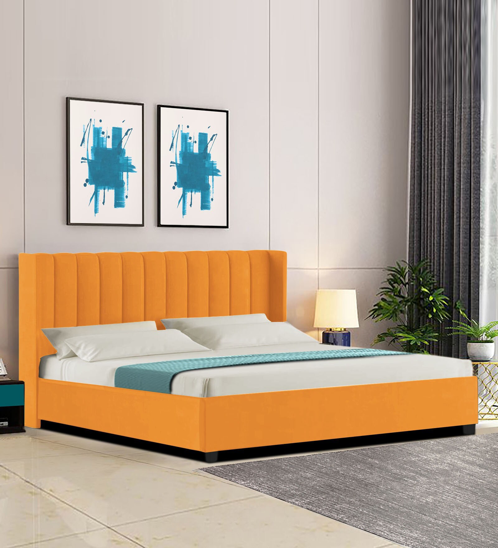 Buy Colina Velvet Upholstered King Size Bed In Turmeric Yellow Colour ...