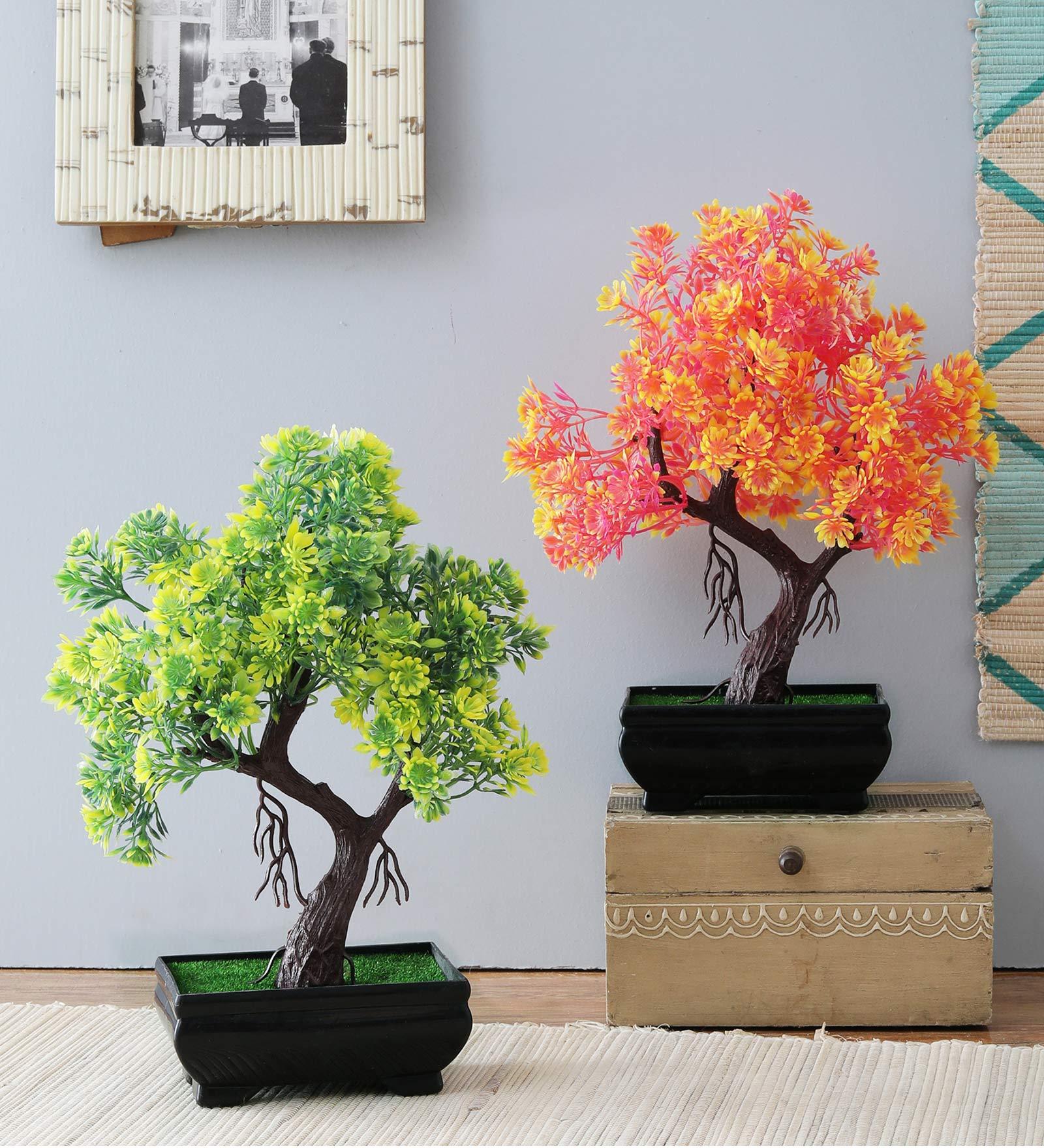 Buy Polyester Yellow & Orange Flowers Y Shaped Green With Pot Set Of 2 ...