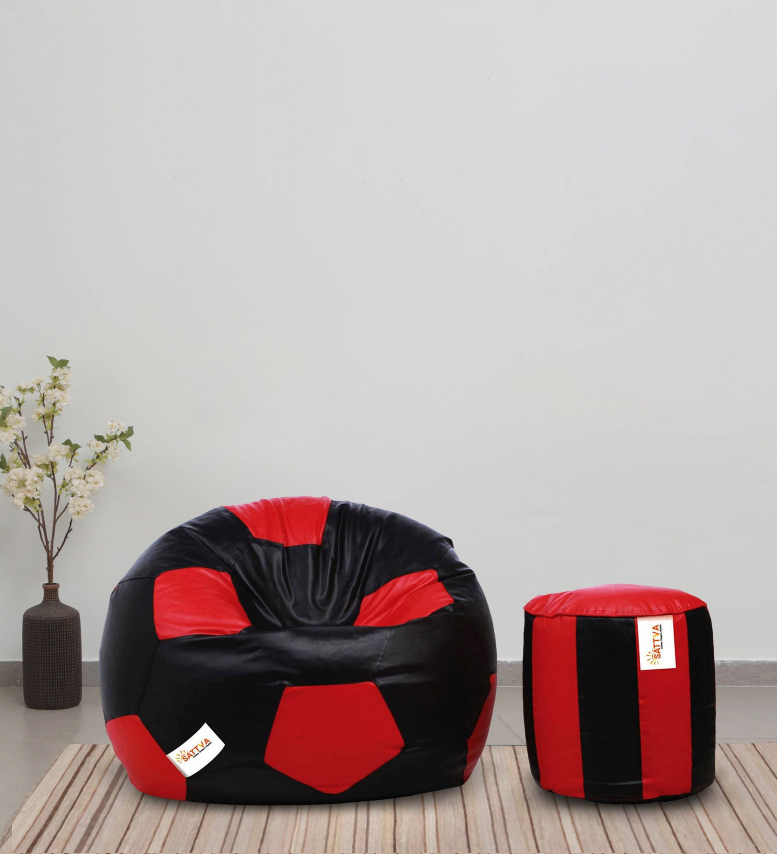 Buy Combo Round XXXL Leatherette Bean Bag with Beans in Black & Red ...