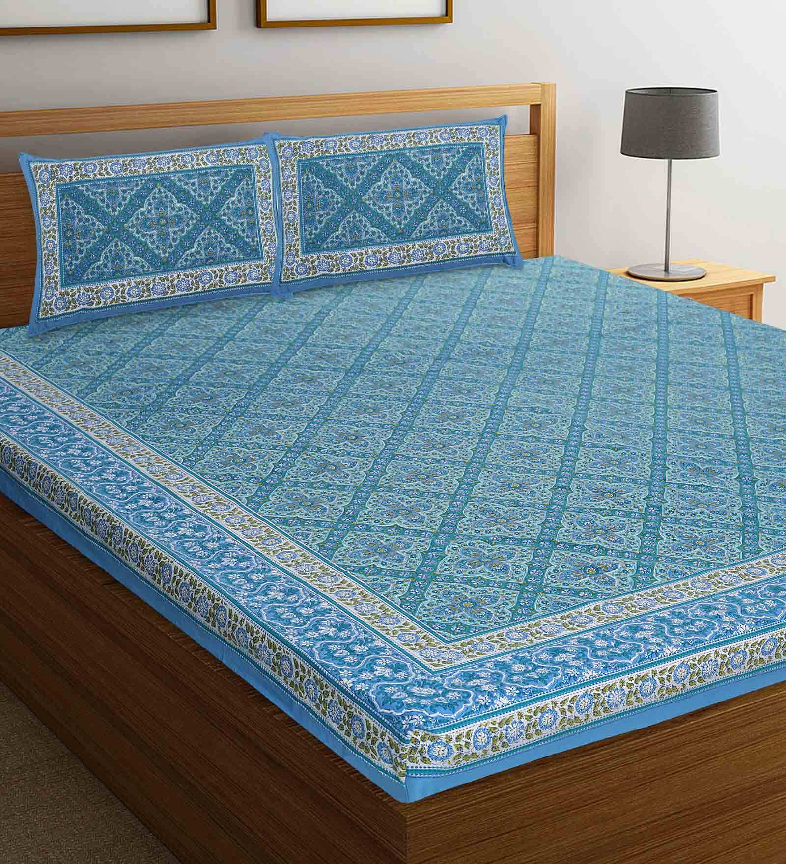 Buy Blue Traditional 144 TC Cotton Blend King Sized Bed Sheets with 2 ...