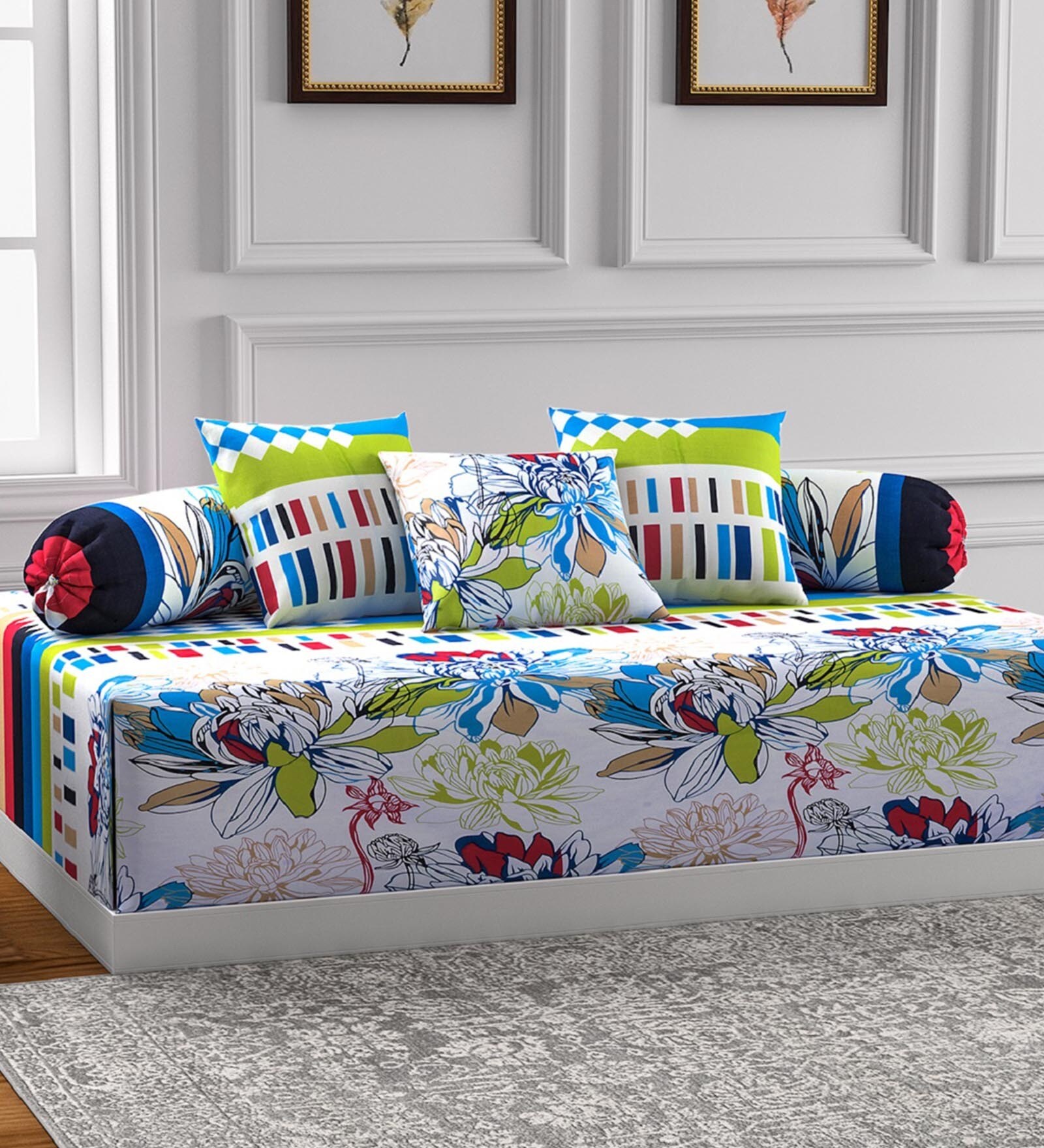 Buy White Patterned 200 TC Cotton Blend (Set of 6) Diwan Sets by Swayam ...