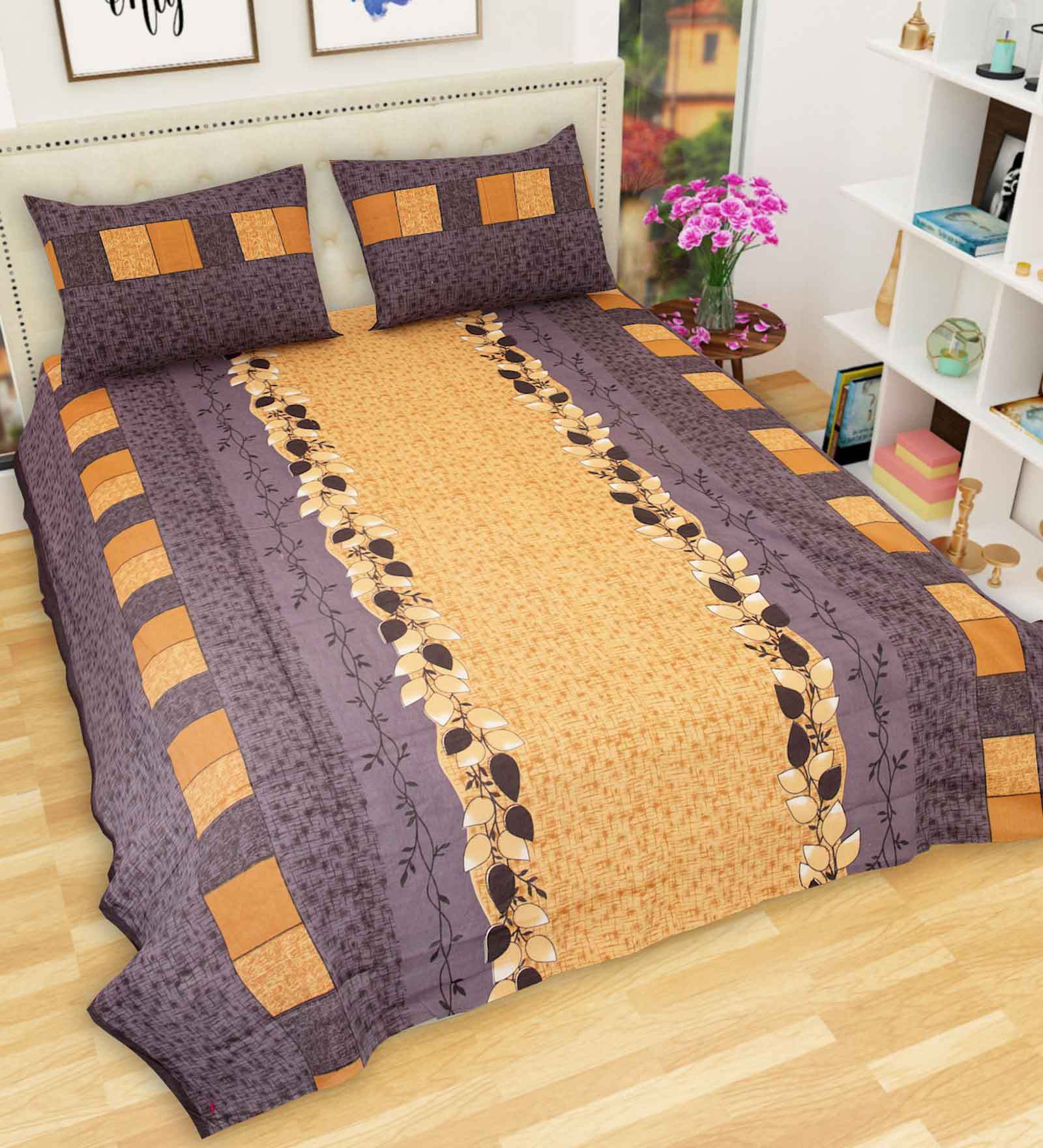 Buy Grey Floral 200 TC Cotton 1 Double Bedsheet with 2 Pillow Covers by ...
