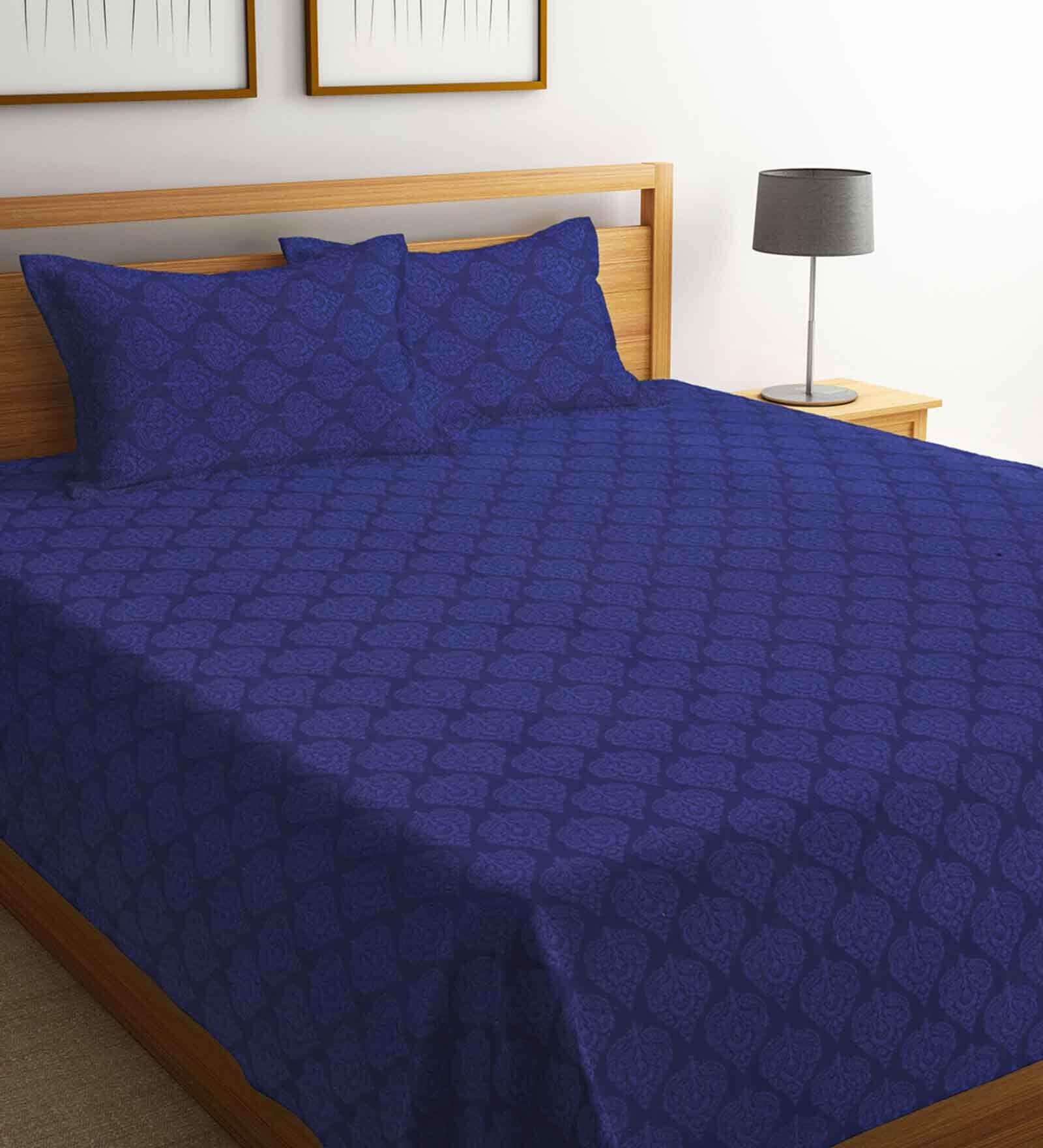 Buy Blue Geometric 300 TC Cotton Double Bed Cover with 2 Pillow Covers ...