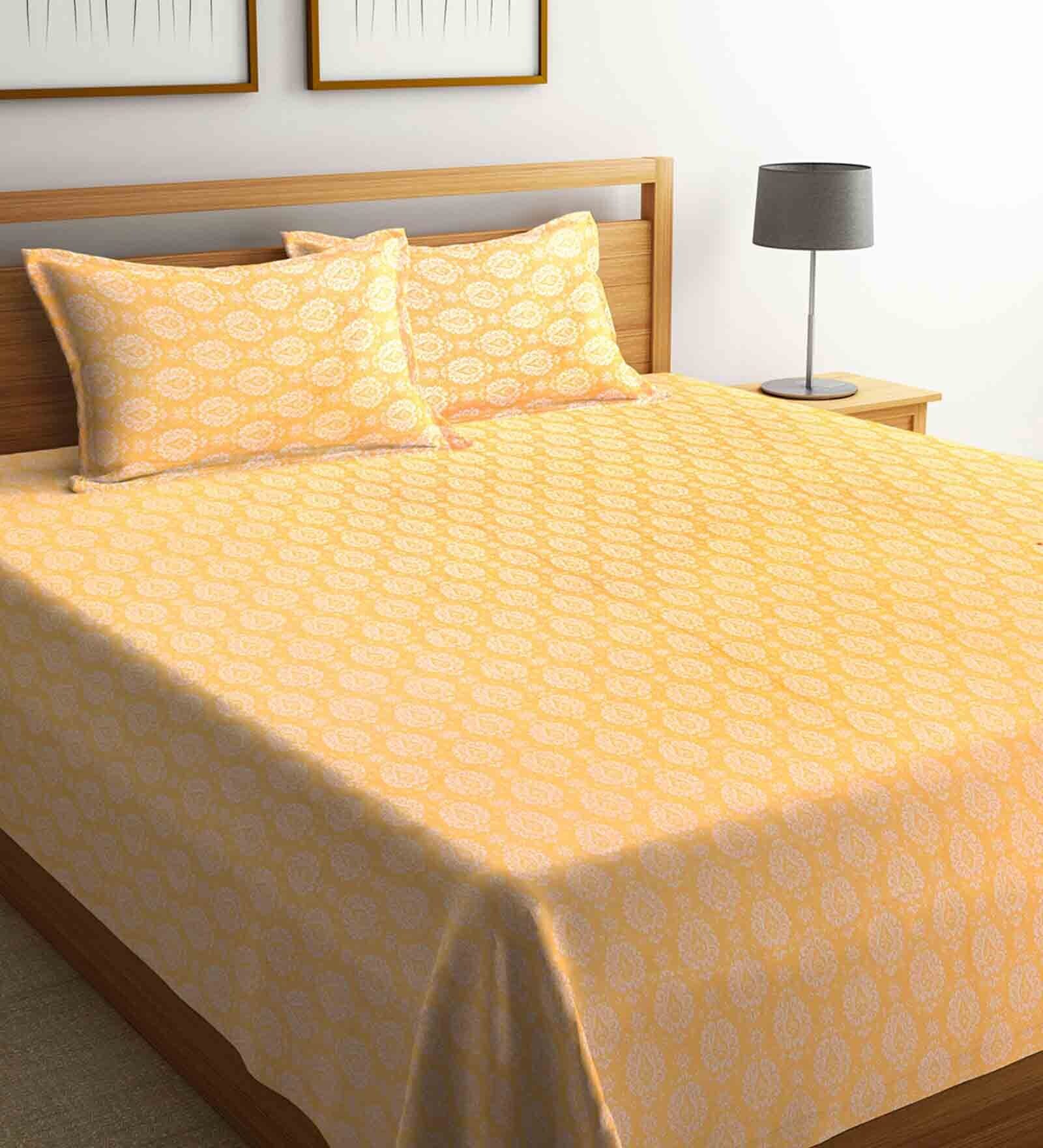 Buy Beige Geometric 300 TC Cotton Double Bed Cover with 2 Pillow Covers ...