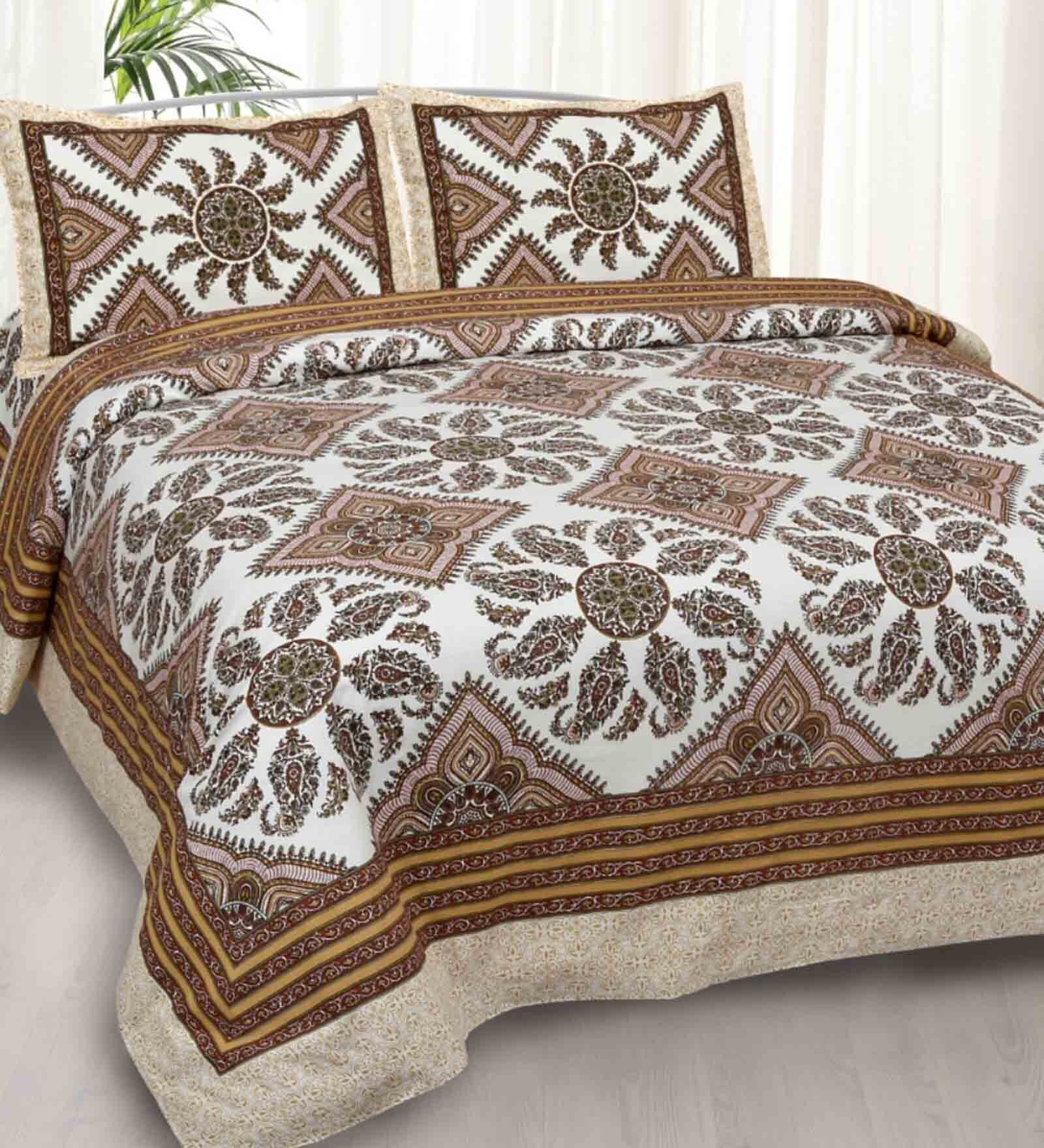 Buy Brown Traditional 240 Tc Cotton 1 Double Queen Size Bedsheet With 2