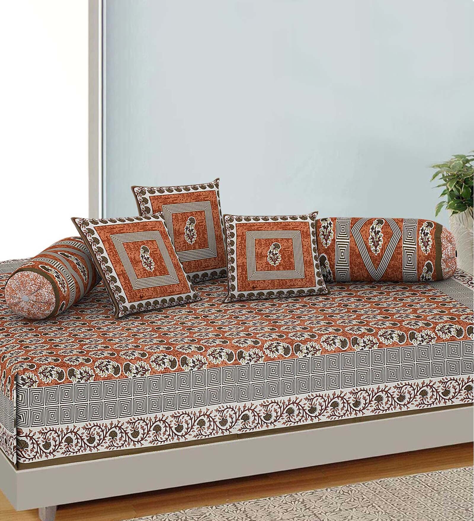 Buy Cotton Dewan Cover with 3 Cushions Covers and 2 Bolster Covers in ...