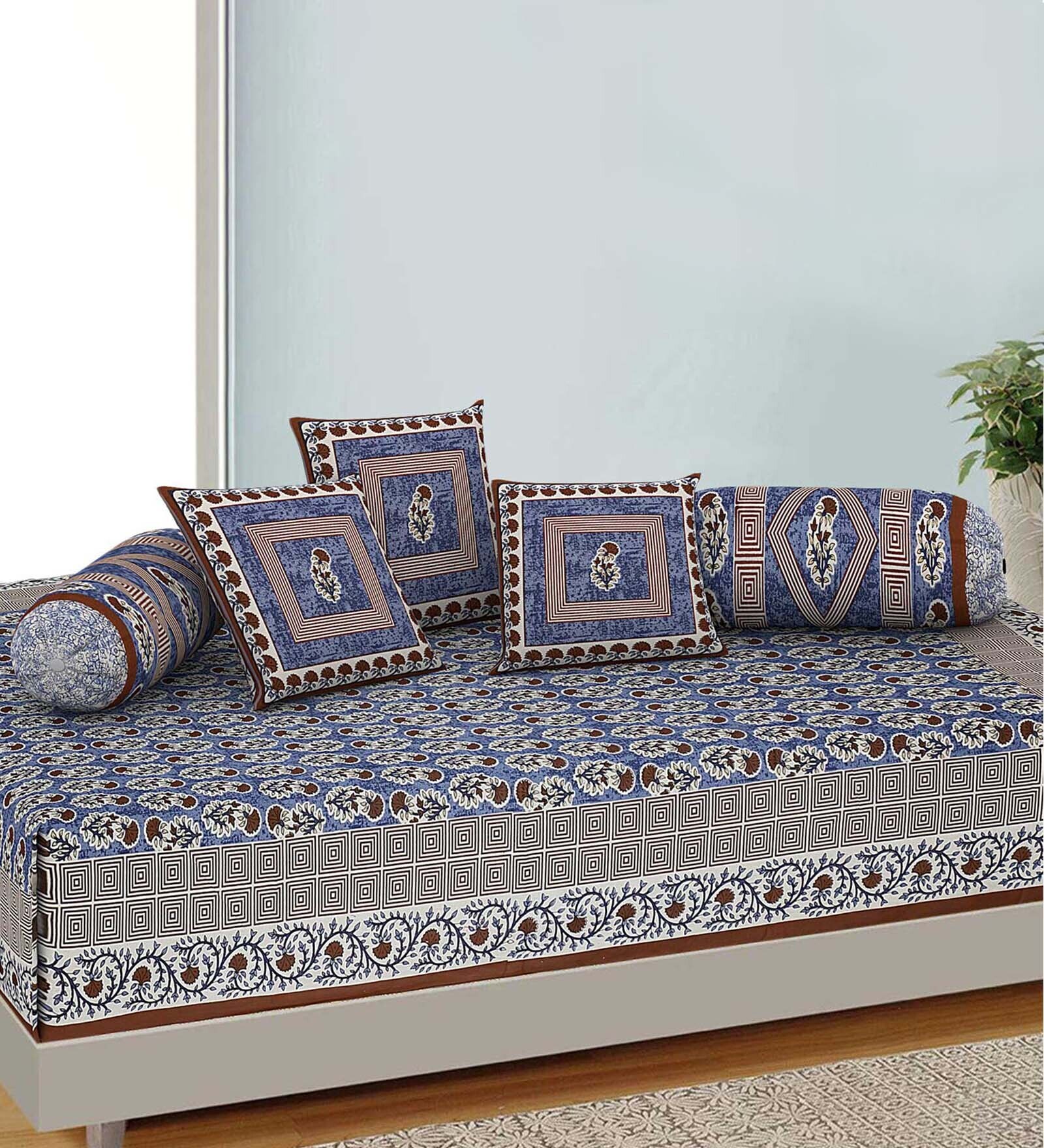 Buy Cotton Dewan Cover with 3 Cushions Covers and 2 Bolster Covers in ...