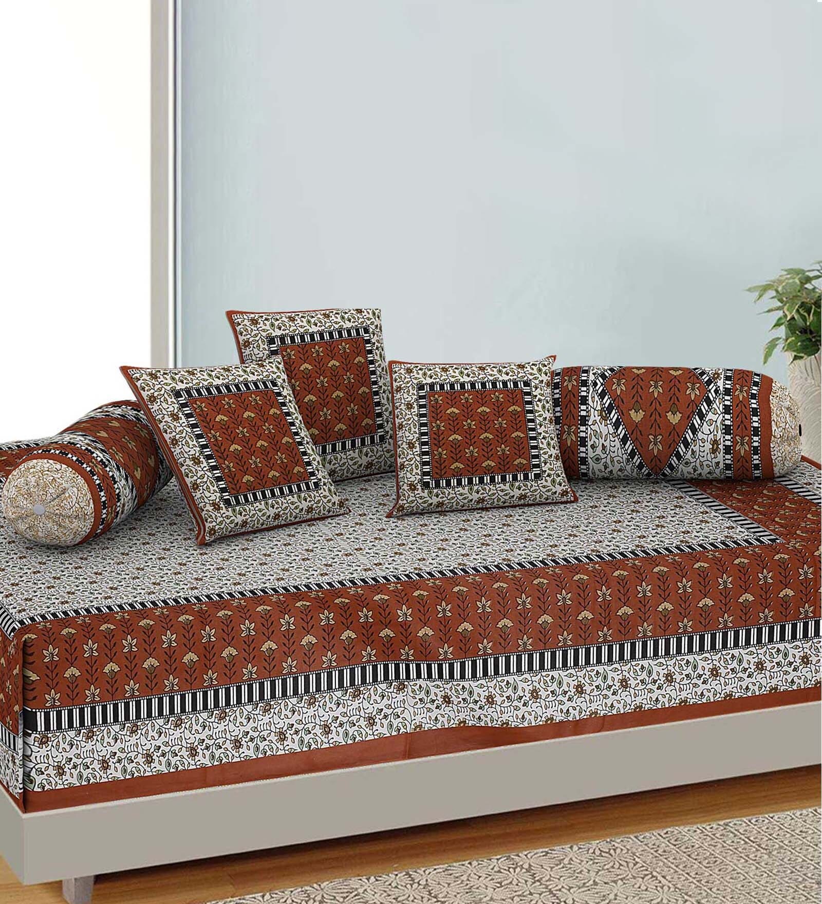 Buy Cotton Dewan Cover with 3 Cushions Covers and 2 Bolster Covers in ...