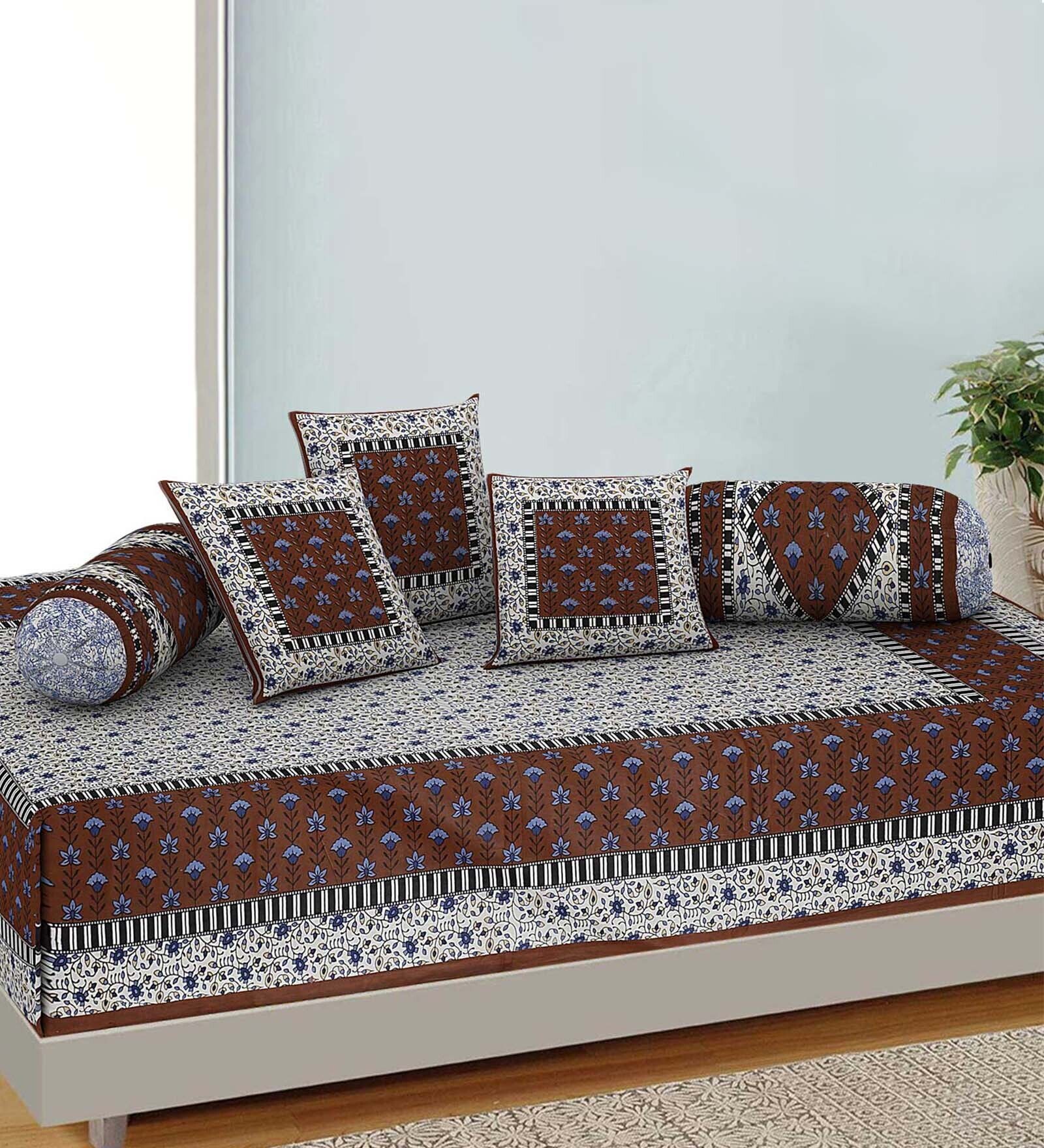 Buy Cotton Dewan Cover with 3 Cushions Covers and 2 Bolster Covers in ...