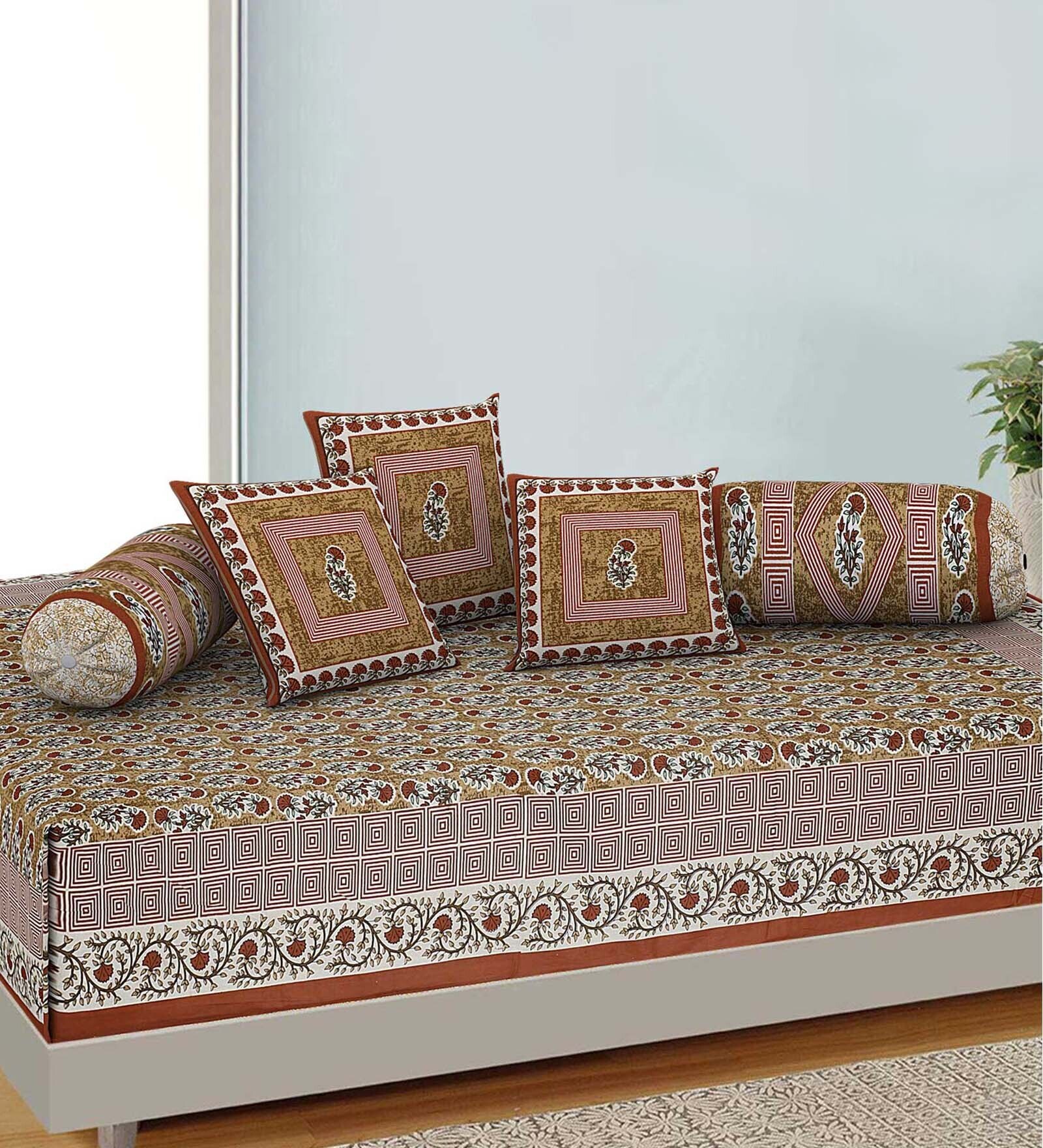 Buy Cotton Dewan Cover with 3 Cushions Covers and 2 Bolster Covers in ...
