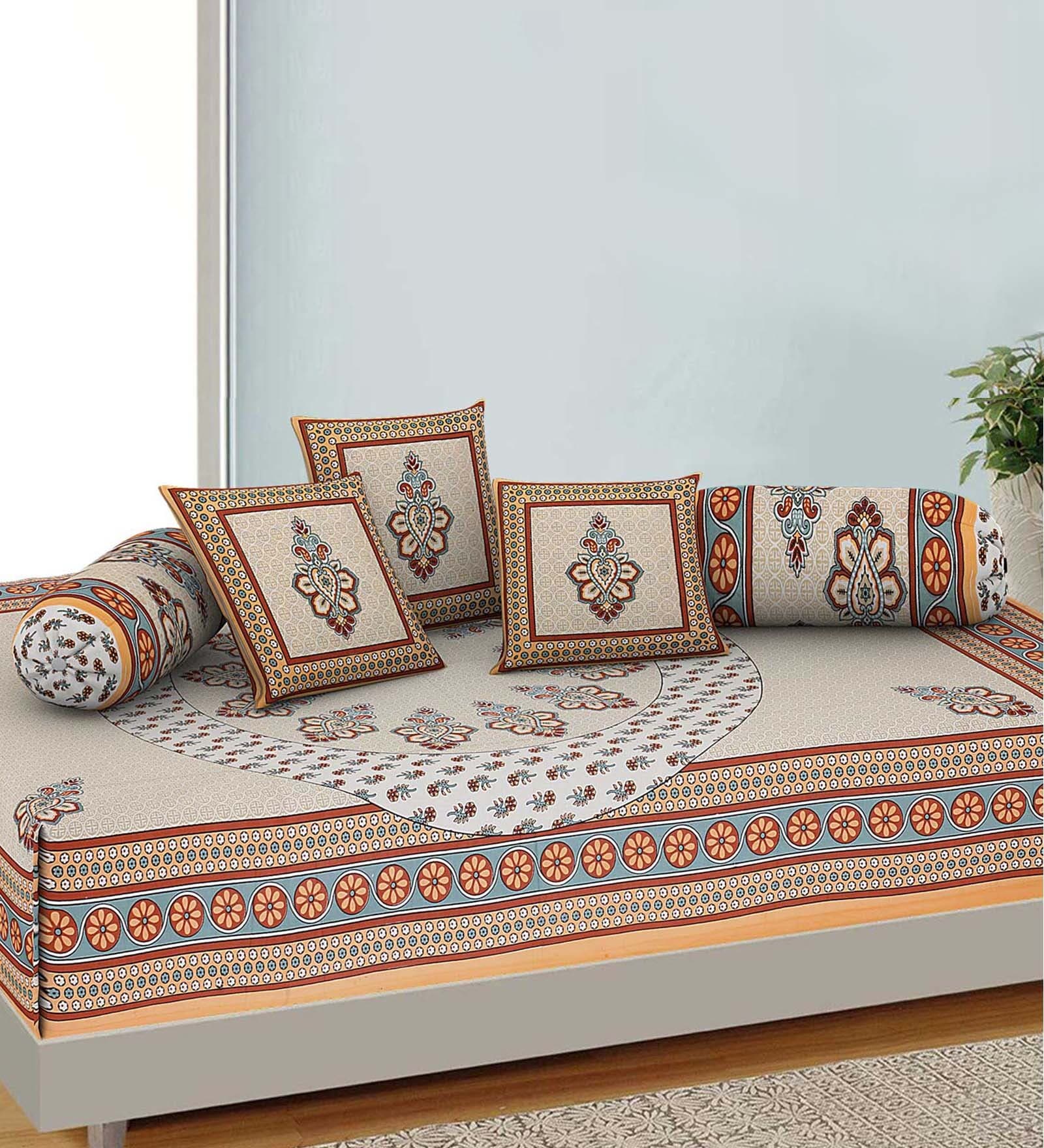 Buy Cotton Dewan Cover with 3 Cushions Covers and 2 Bolster Covers in ...