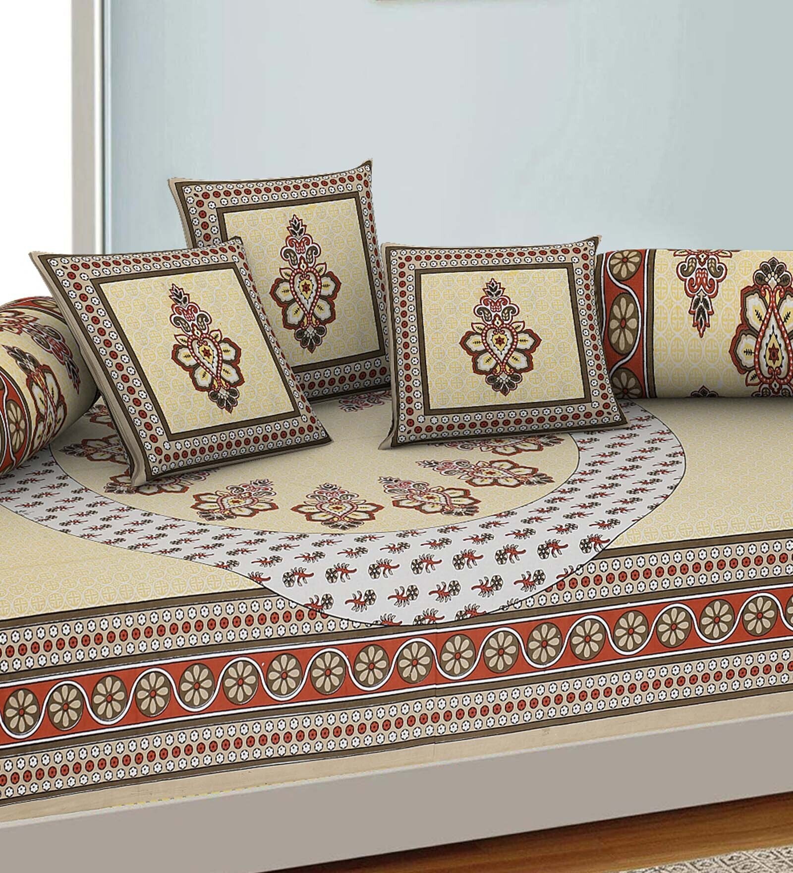Buy Cotton Dewan Cover with 3 Cushions Covers and 2 Bolster Covers in ...