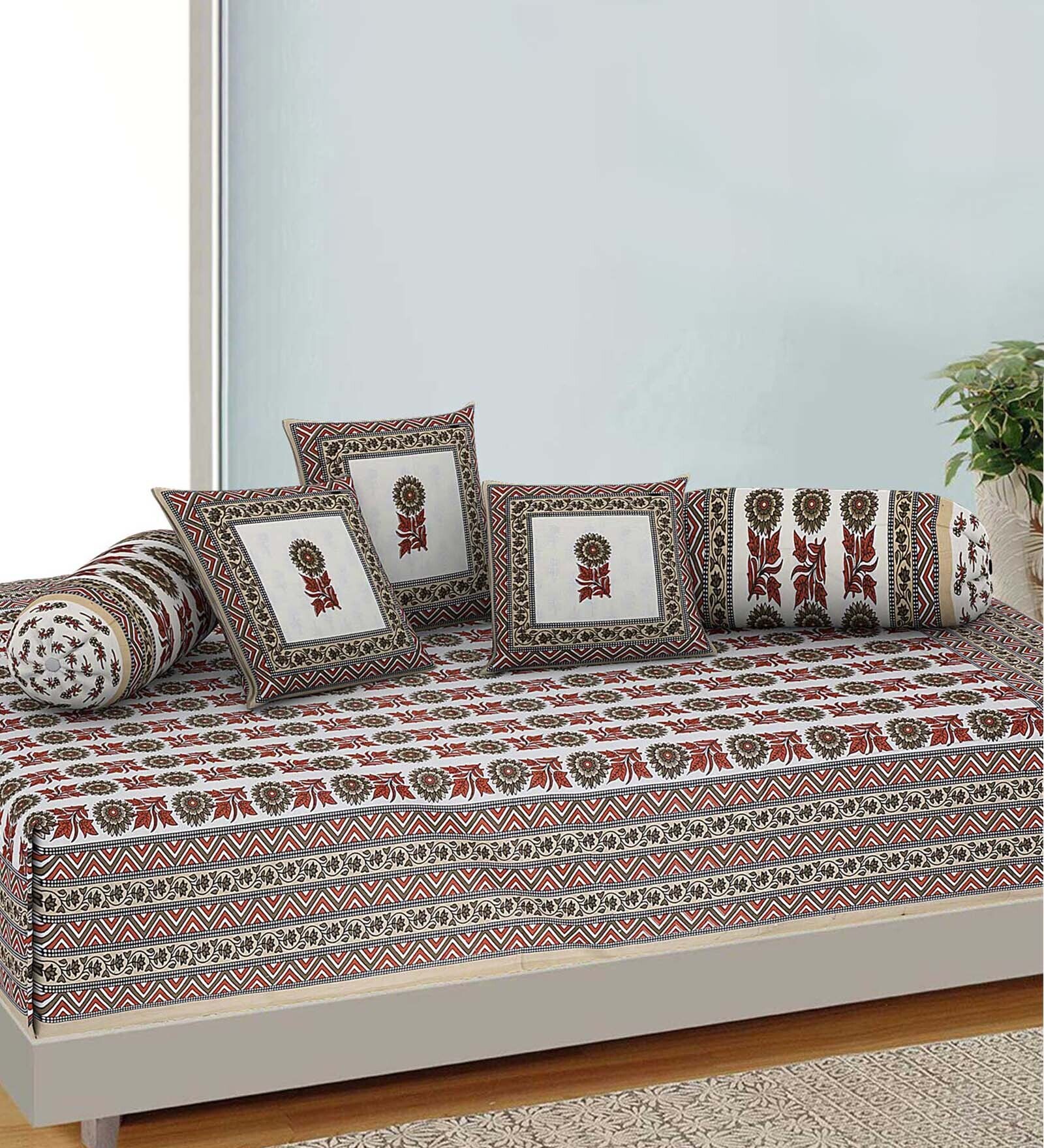 Buy Cotton Dewan Cover with 3 Cushions Covers and 2 Bolster Covers in ...