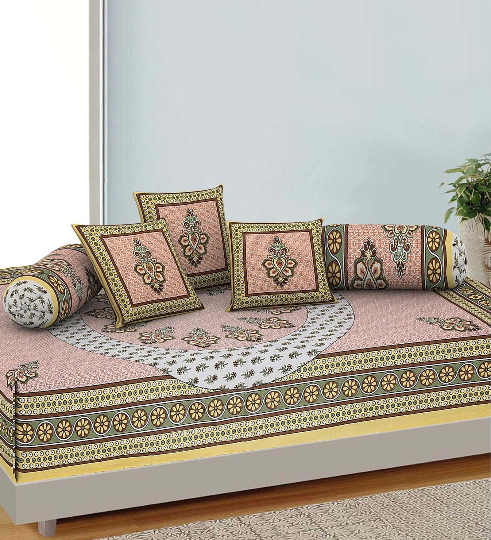 Buy Yellow Patterned 300 TC Cotton Blend (Set of 6) Diwan Sets at 38% ...