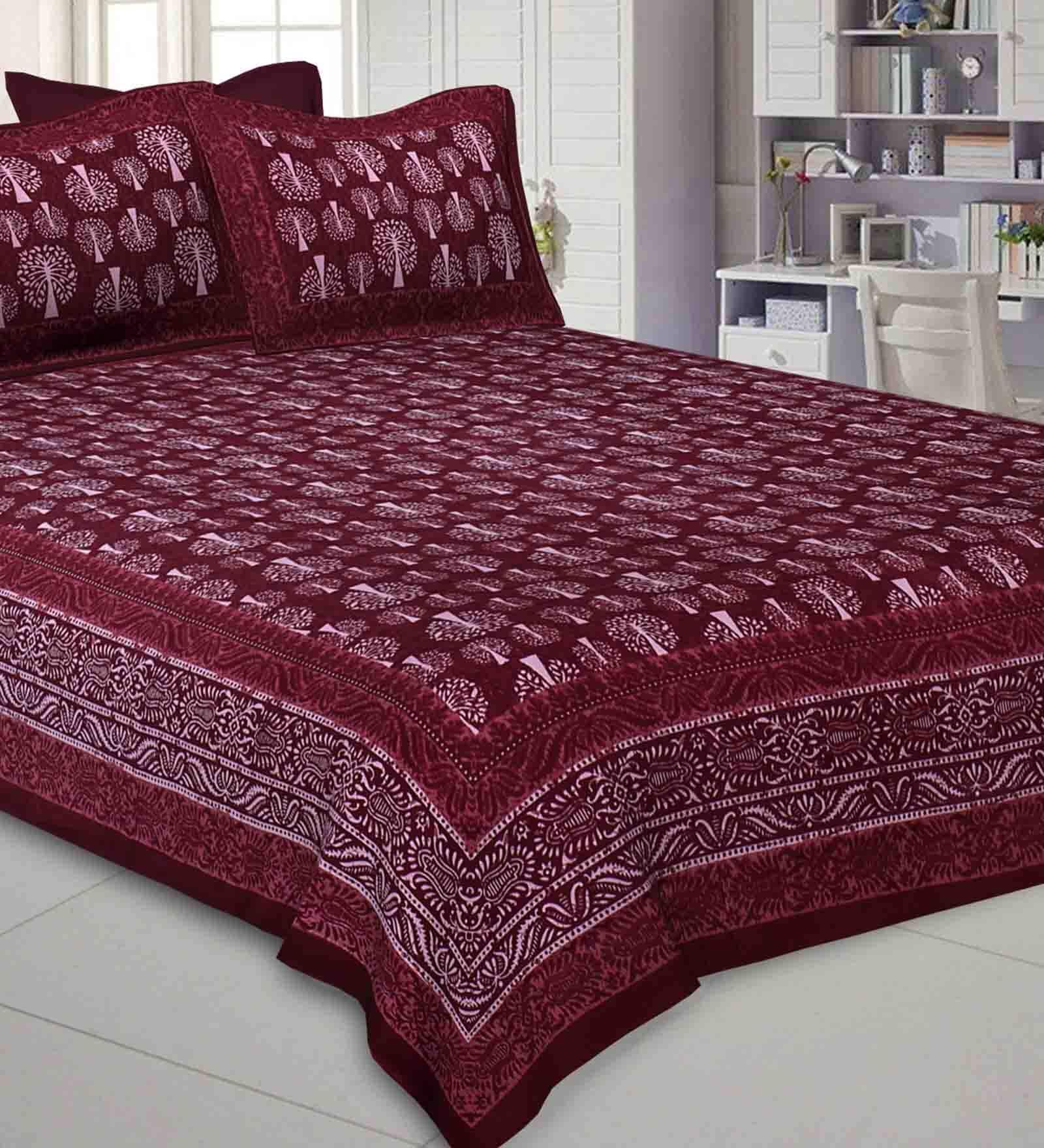 Buy Maroon Traditional 240 TC Cotton Blend Queen Sized Bed Sheets with ...