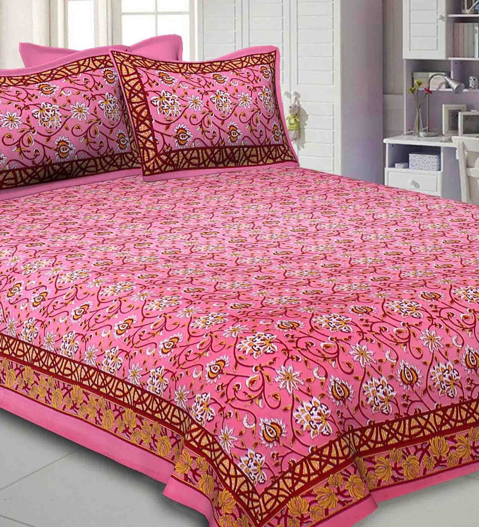 Buy Pink Traditional 240 TC Cotton 1 Double Queen Size Bedsheet with 2 ...