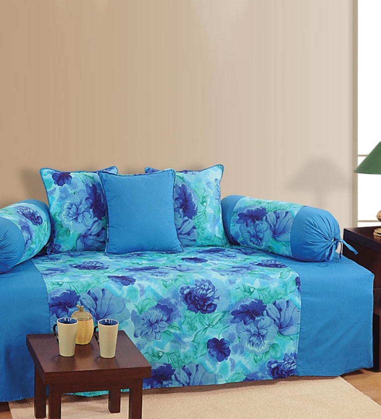 Buy Blue 240 TC Cotton 6 Piece Diwan Set by Swayam Online - Diwan Sets ...