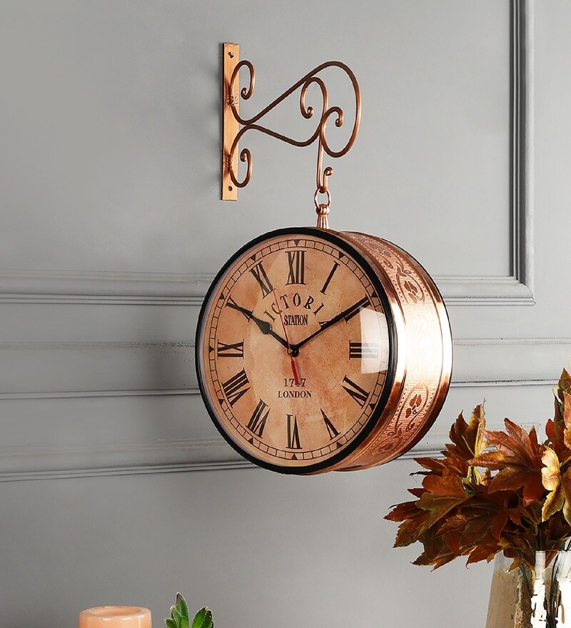 Buy Copper Metallic Carving Station Clock By Exim Decor Online ...