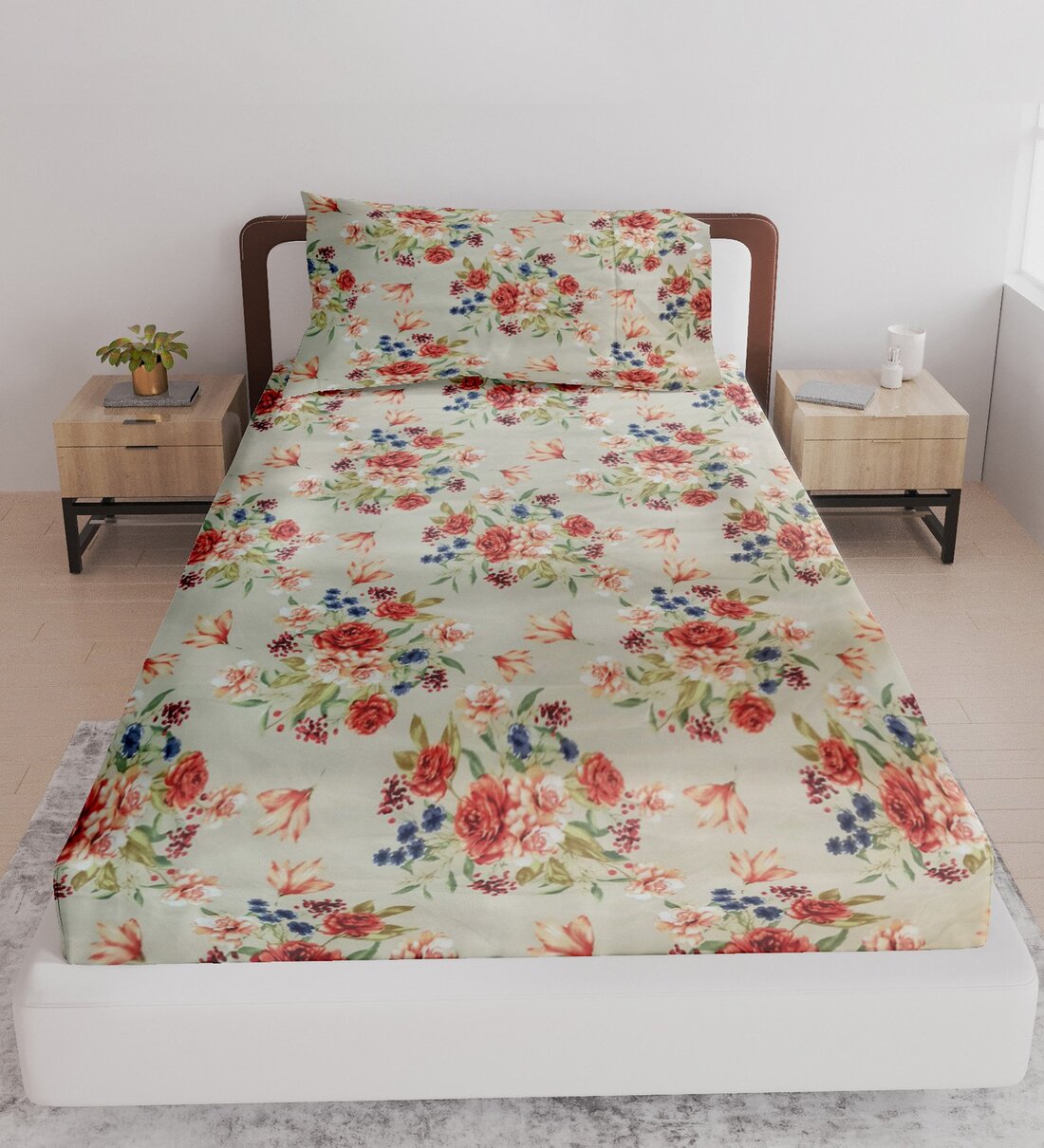 Buy Cream Floral 140 Tc Cotton Single Bedsheet With 1 Pillow Cover at 55% OFF by LABHAM | Pepperfry