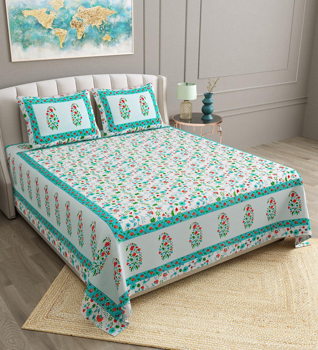 Buy Blue Floral 180 Tc Cotton 1 Double King Size Bedsheet With 2 Pillow