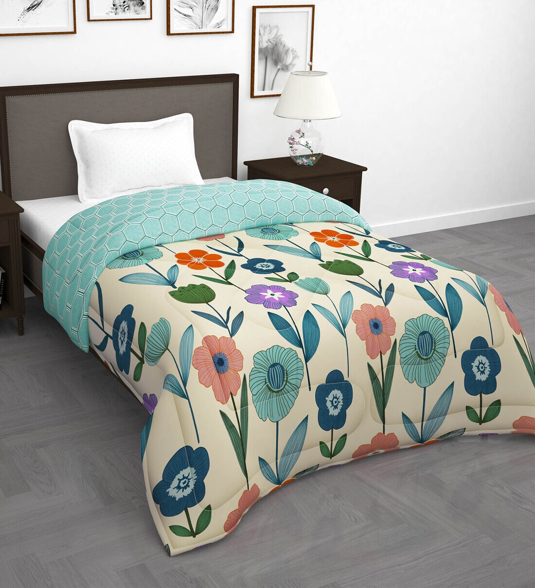 Buy Cream Microfiber Floral 180 GSM Fusion Reversible Single Comforter ...