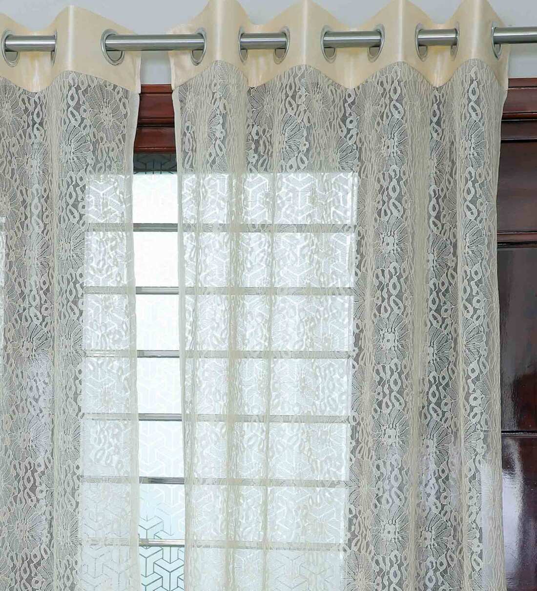 Buy Cream Floral Polyester 5 Ft Sheer Eyelet Window Curtains (Set of 2 ...