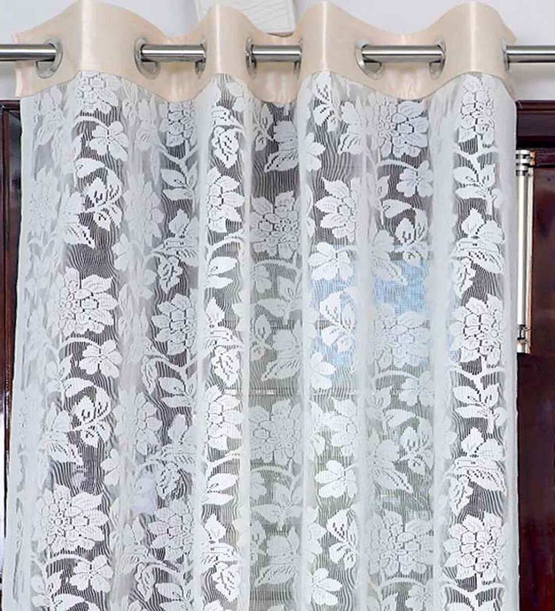 Buy Cream Floral Polyester 5 Ft Sheer Eyelet Window Curtains (Set of 2 ...