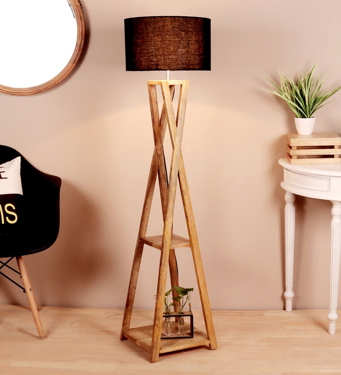 Buy Peri Black Cotton Shade Shelf Floor Lamp With Mango wood Base By ...