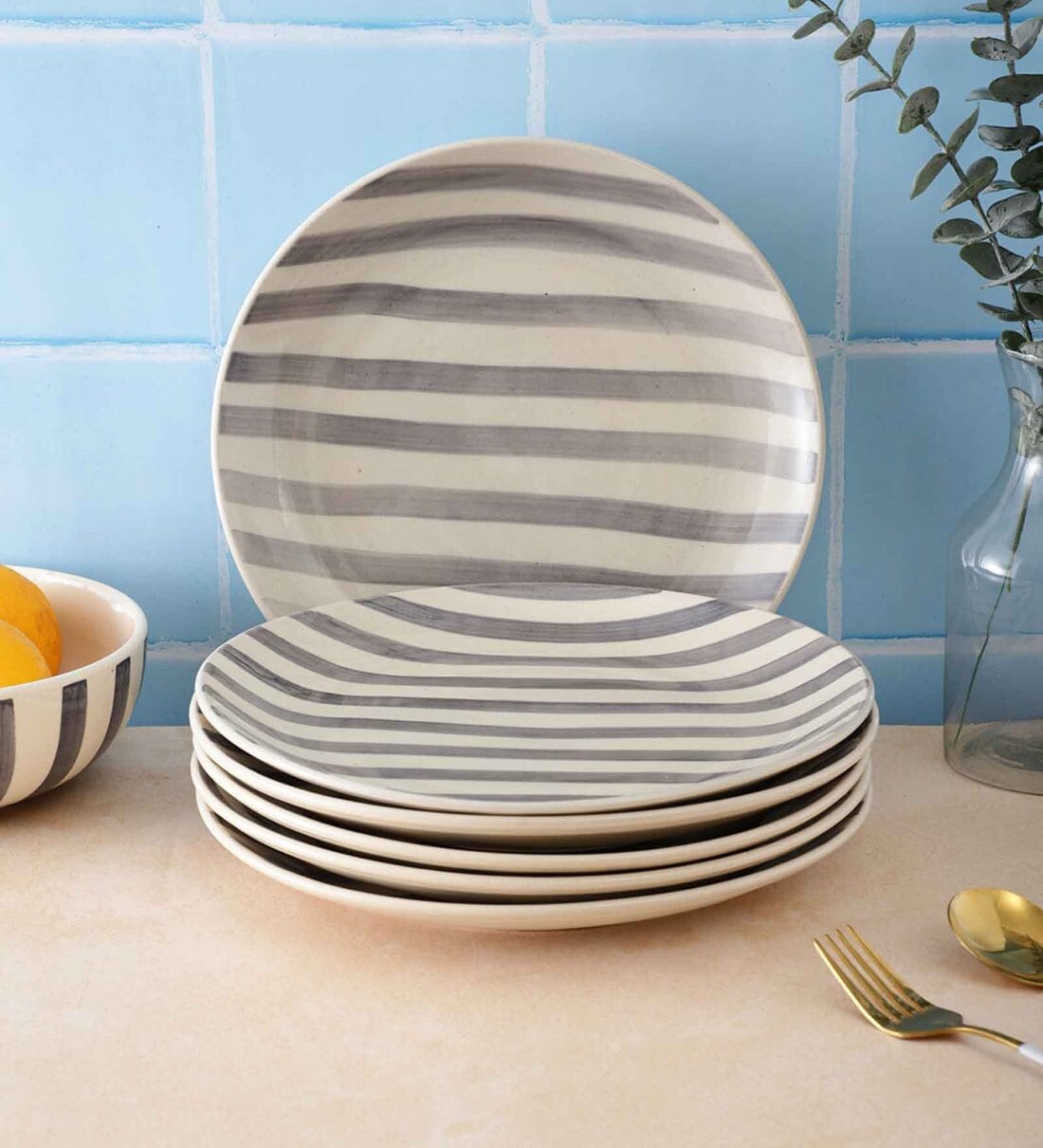 Buy Crosswalk Grey Striped White Ceramic Quarter Plates (Set of 6) at ...