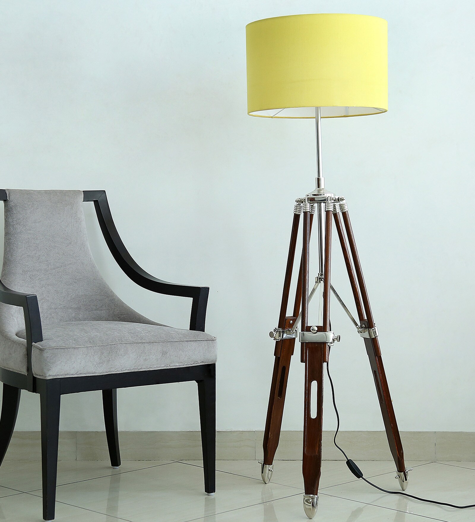 Buy Handloom Matka Silk Yellow Fabric Tripod Floor Lamp by Craftter ...