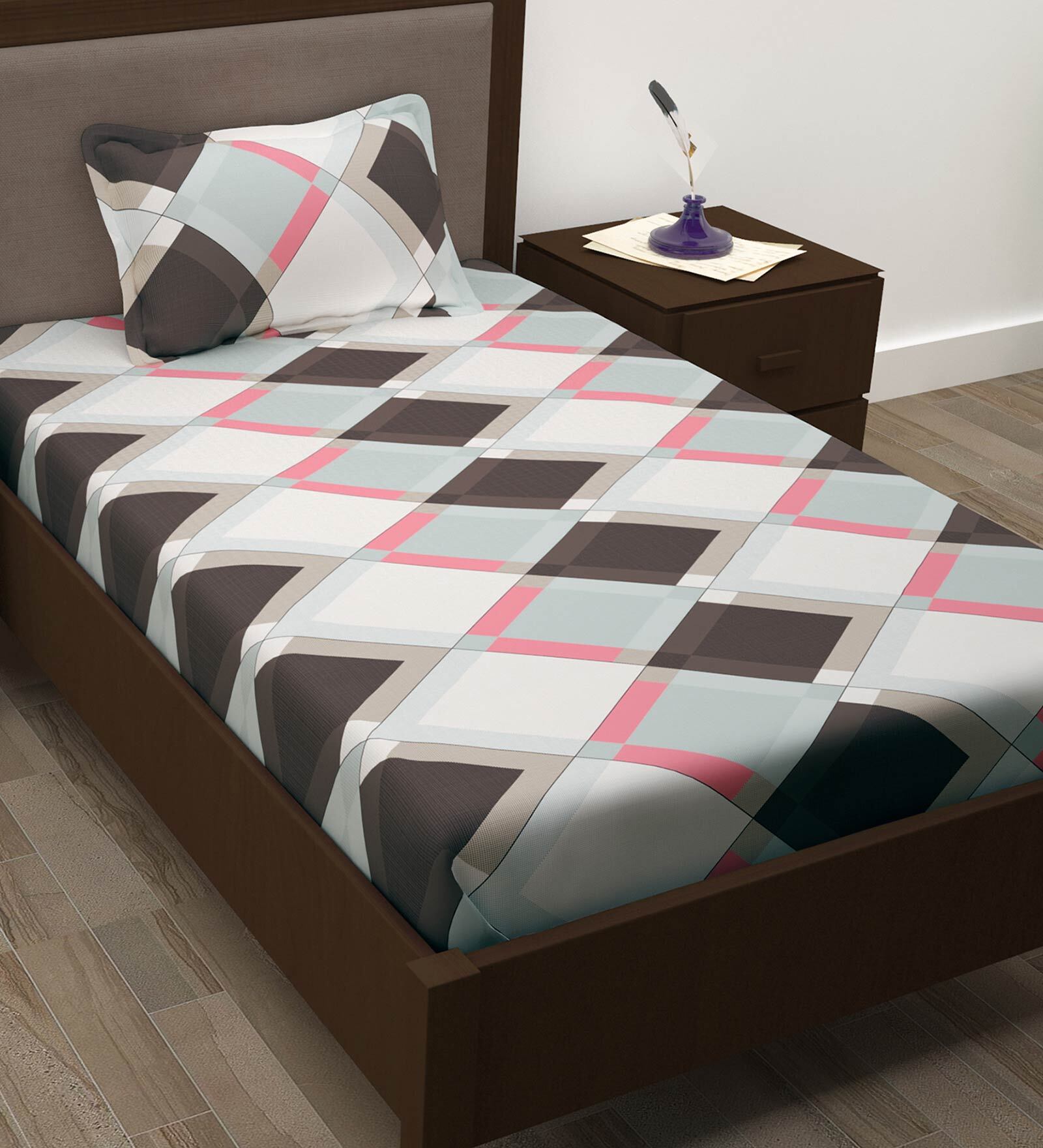 Buy Brown Geometric 208 TC 100% Cotton Single Bed Sized Bed Sheets With ...
