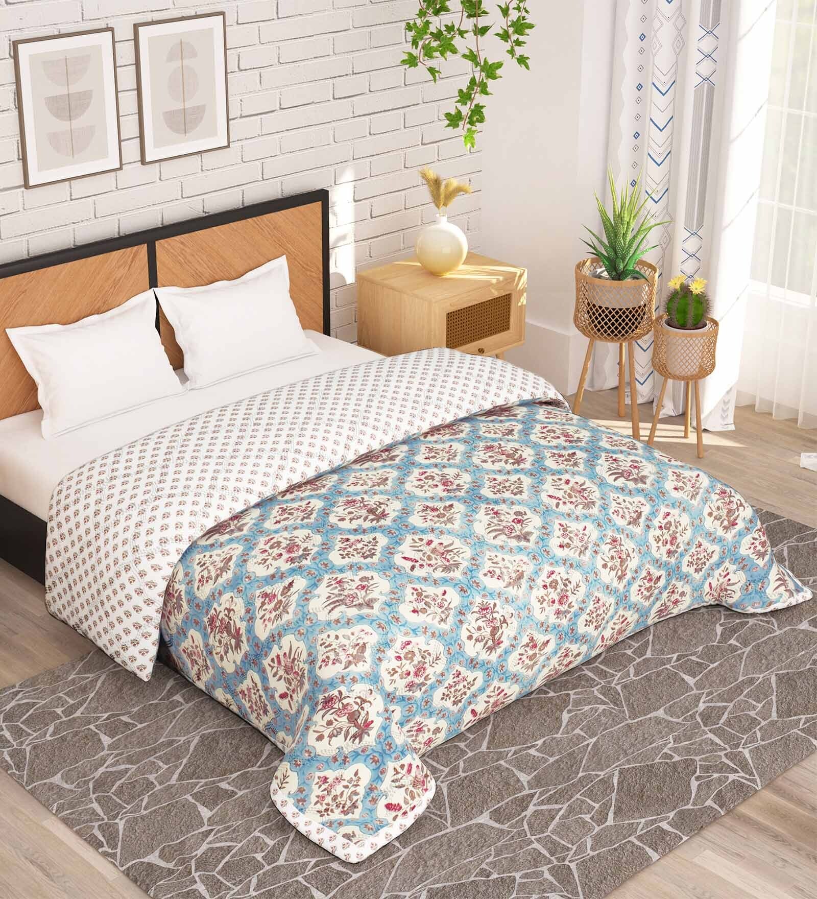 Buy Cream Microfiber Floral 180 GSM Fusion Reversible Double Comforter ...