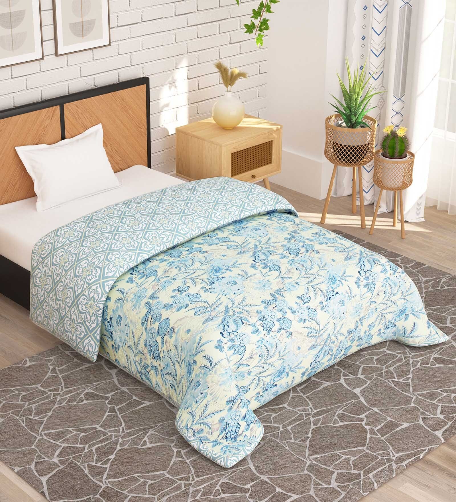 Buy Cream Microfiber Floral 180 GSM Fusion Reversible Single Comforter ...