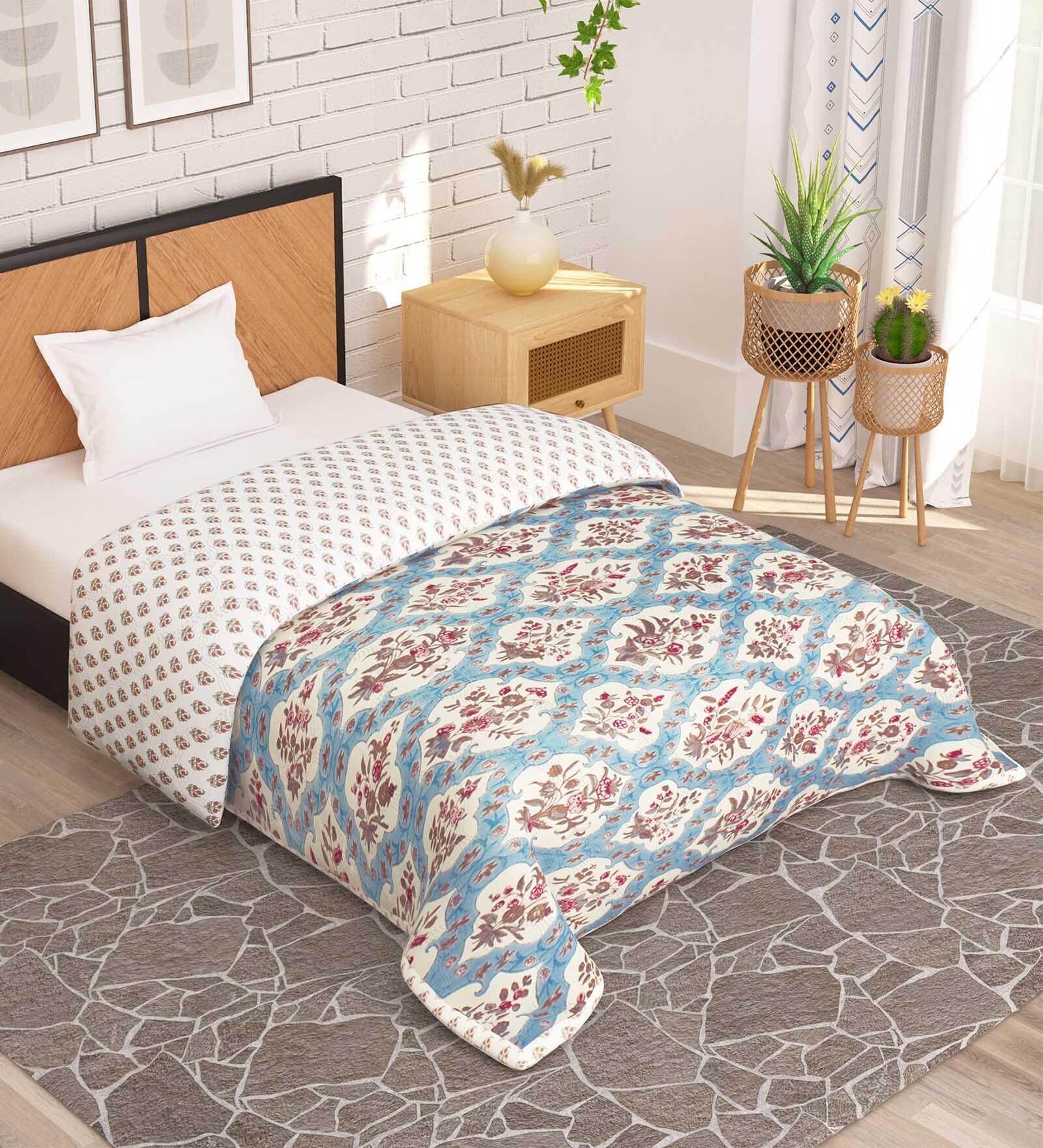 Buy Cream Microfiber Floral 180 GSM Fusion Reversible Single Comforter ...