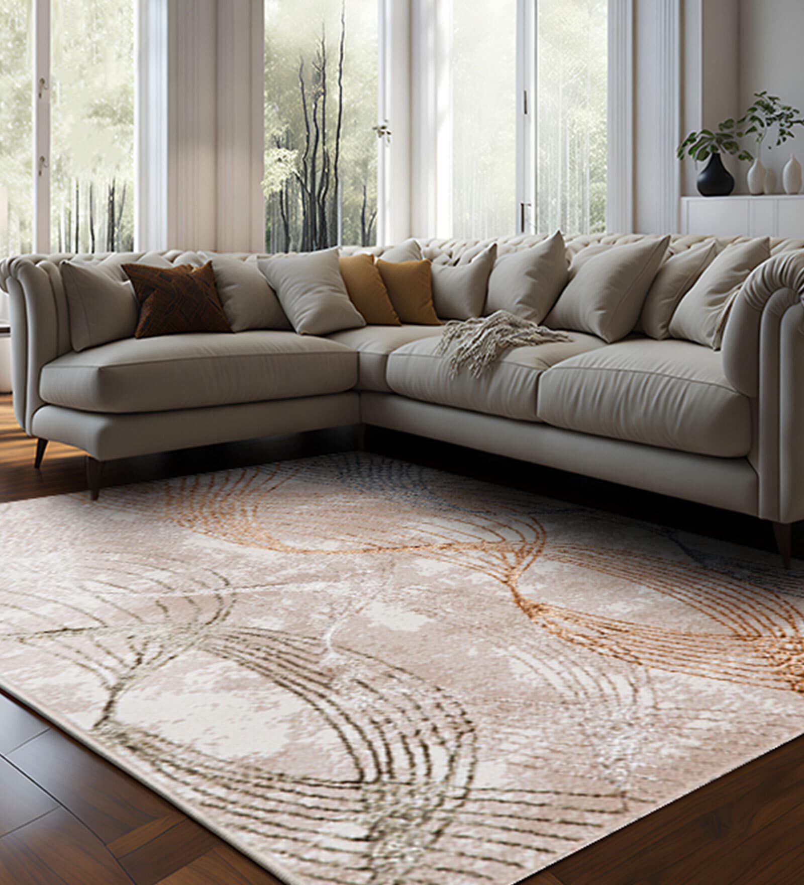 Buy Cream Abstract Polyester 6 ft x 9 ft Machine Made Carpet at 34% OFF ...