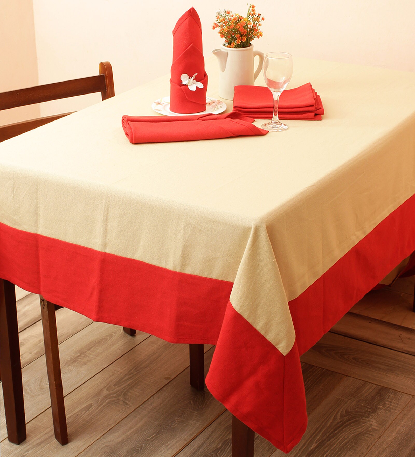 Buy Solid Pattern Cream Cotton 90X60 Inch Table Cloth With 6 Napkins By ...