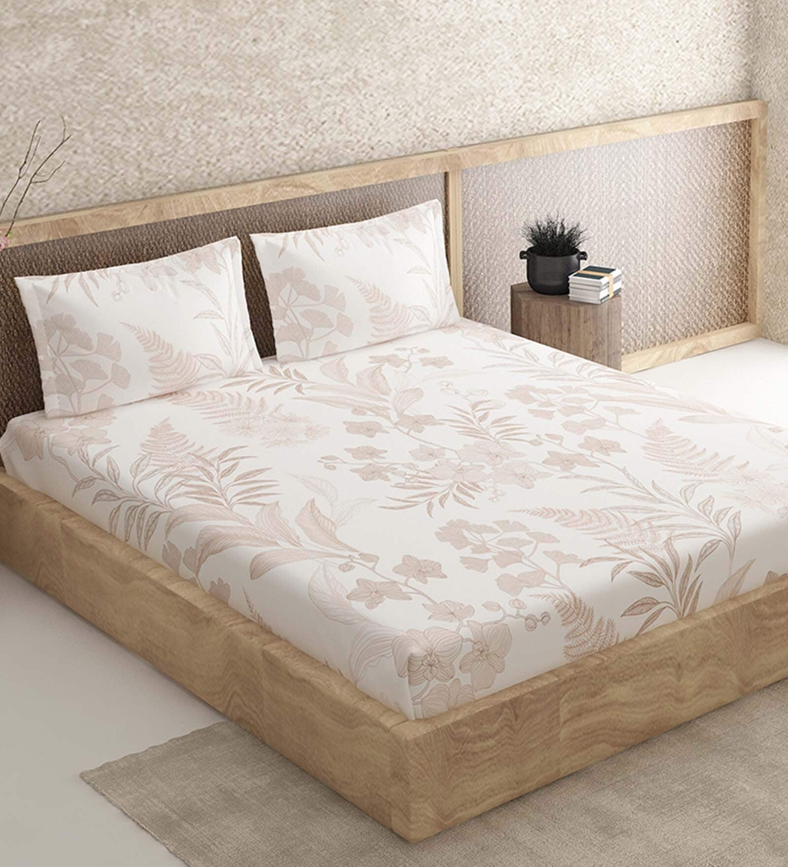 Buy Cream Floral 210 TC 100% Cotton Queen Sized Bed Sheets with 2 ...