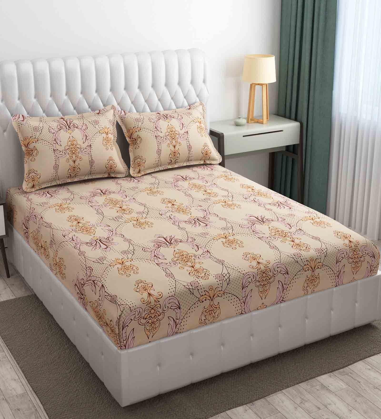 Buy Cream Floral 280 TC Cotton Blend Fitted Queen Bedsheet with 2 ...