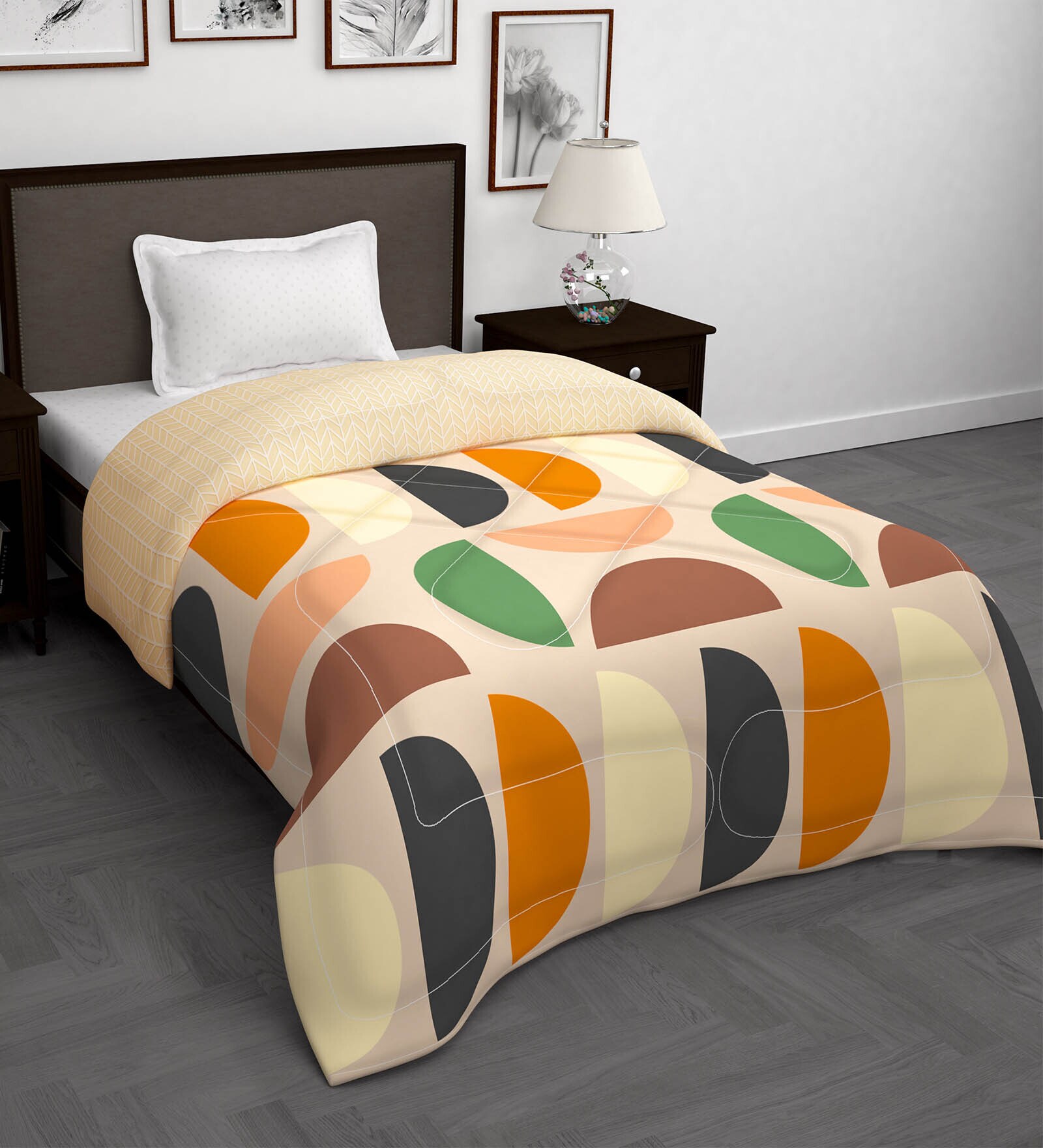 Buy Cream Microfiber Abstract 180 GSM Fusion Reversible Single ...