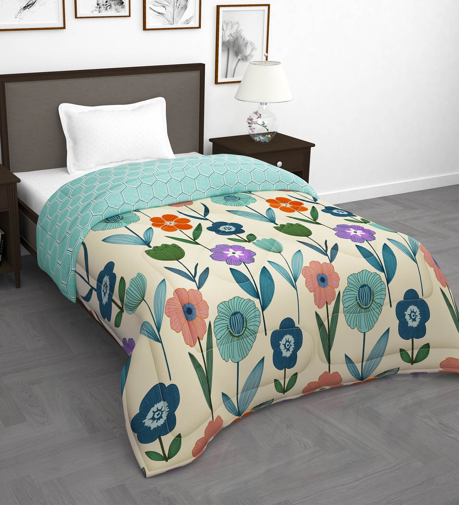 Buy Cream Microfiber Floral 180 GSM Fusion Reversible Single Comforter ...